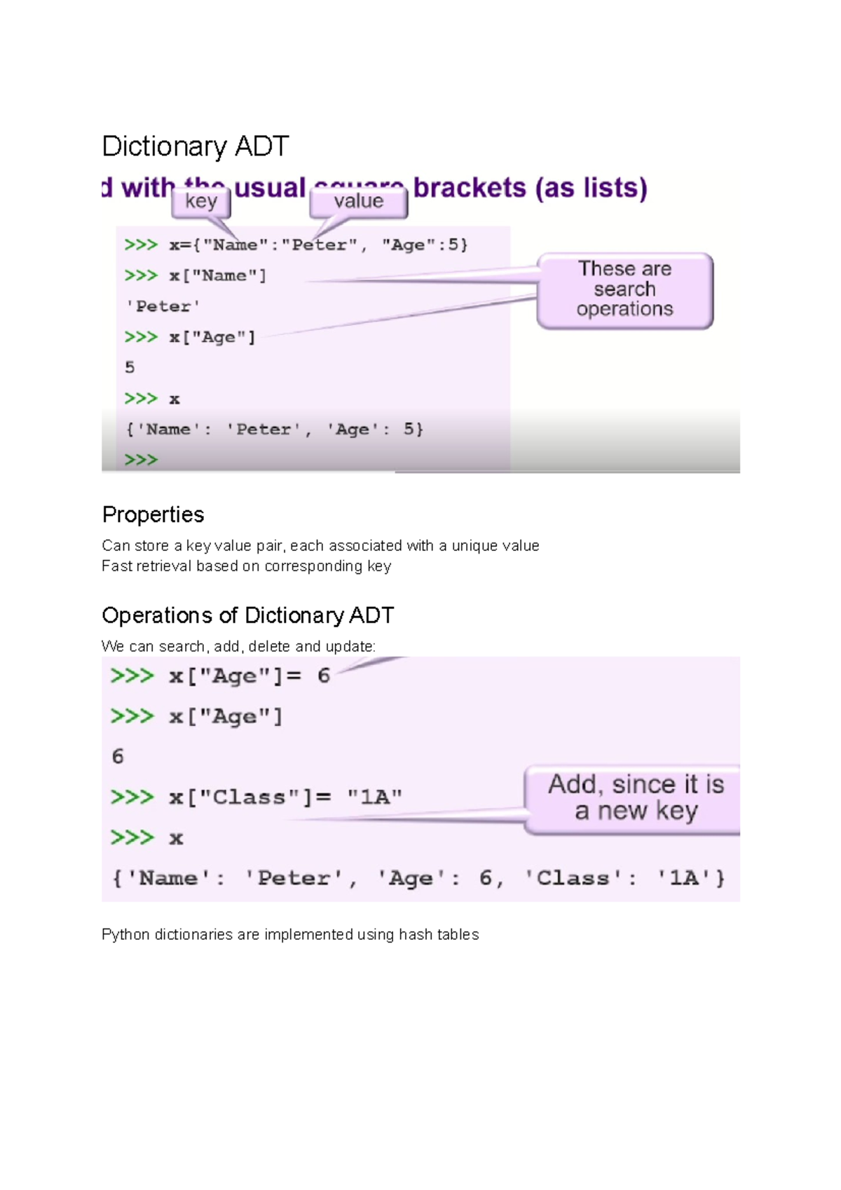 Week 6 - Hash Tables - Dictionary ADT Properties Can store a key value pair, each associated ...
