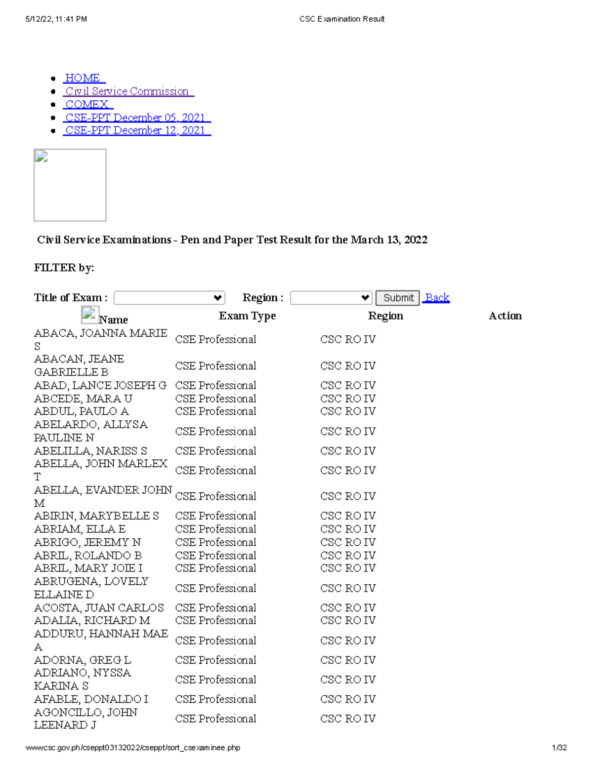 CSC Examination PRO Result - HOME Civil Service Commission COMEX CSE ...