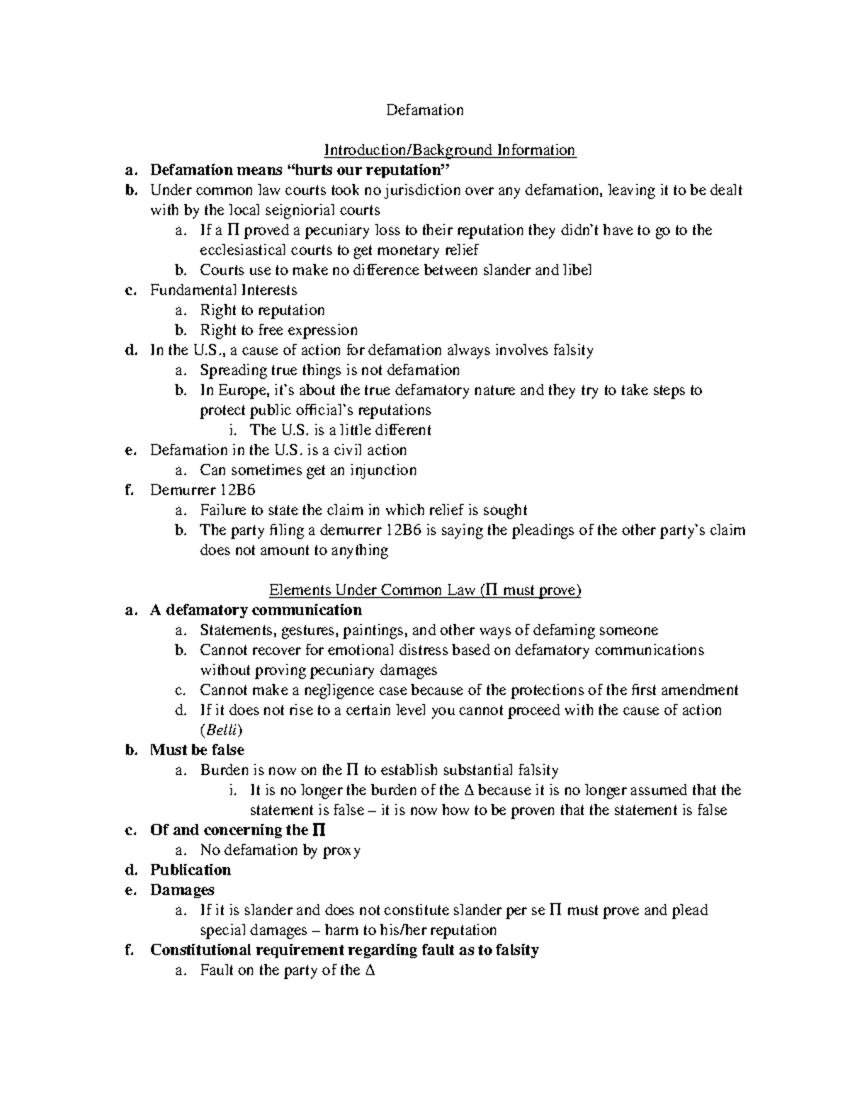 Defamation Outline - Defamation Introduction/Background Information a ...