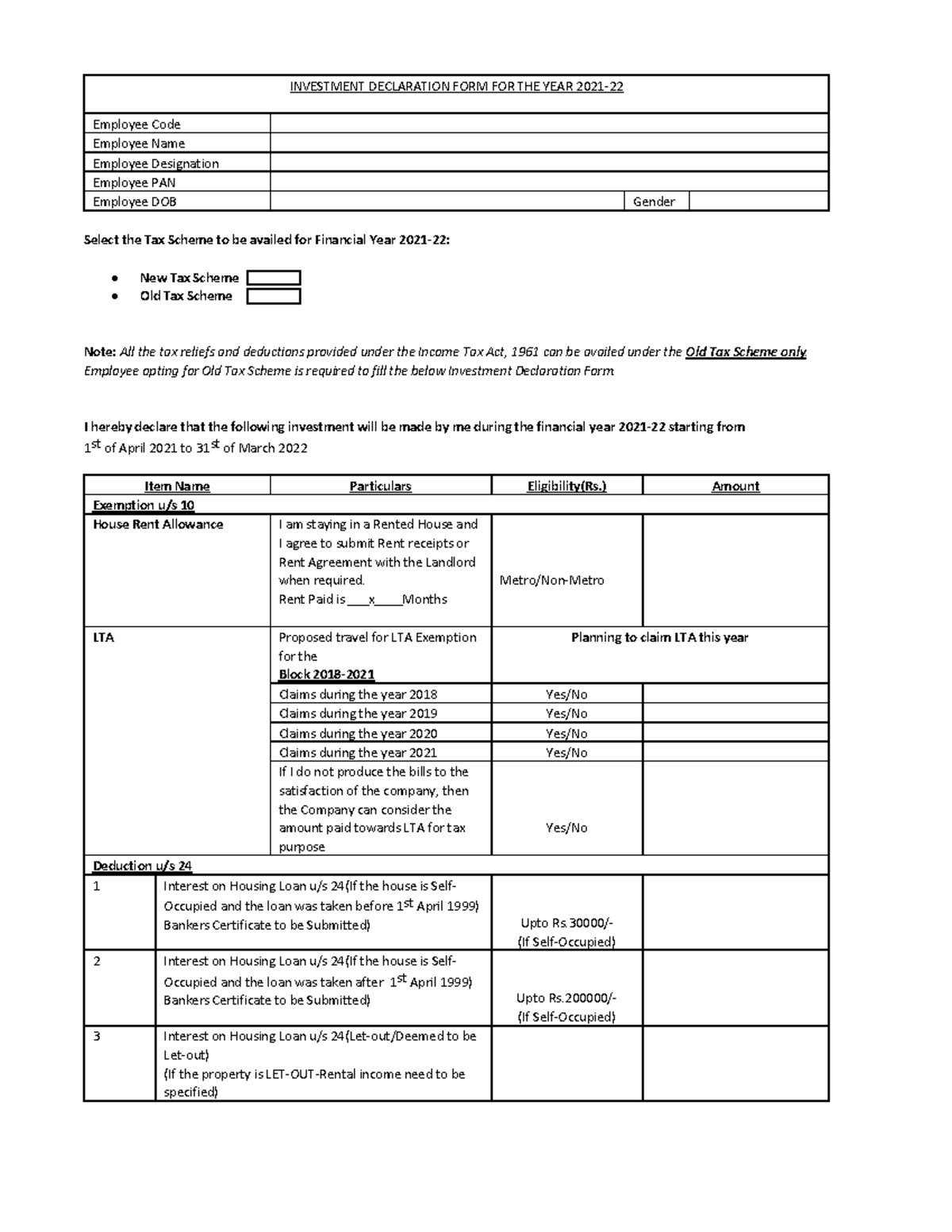 Investment Declaration FY 2022-23 - INVESTMENT DECLARATION FORM FOR THE YEAR 2021- Employee Code ...