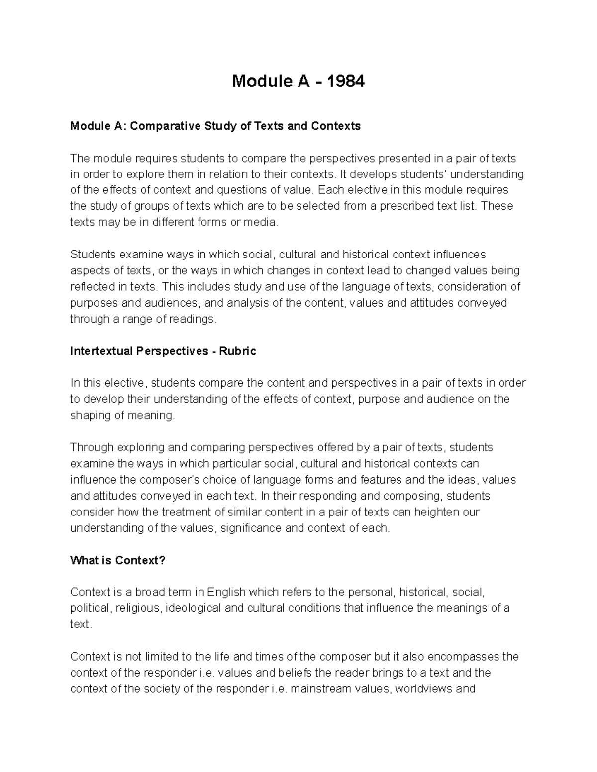 1984 Notes - Module A - 1984 Module A: Comparative Study of Texts and ...