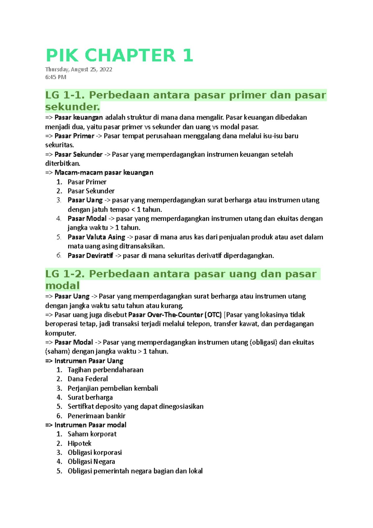 Catatan Pasar dan Institusi Keuangan (Ch 1 - 2) - PIK CHAPTER 1 ...