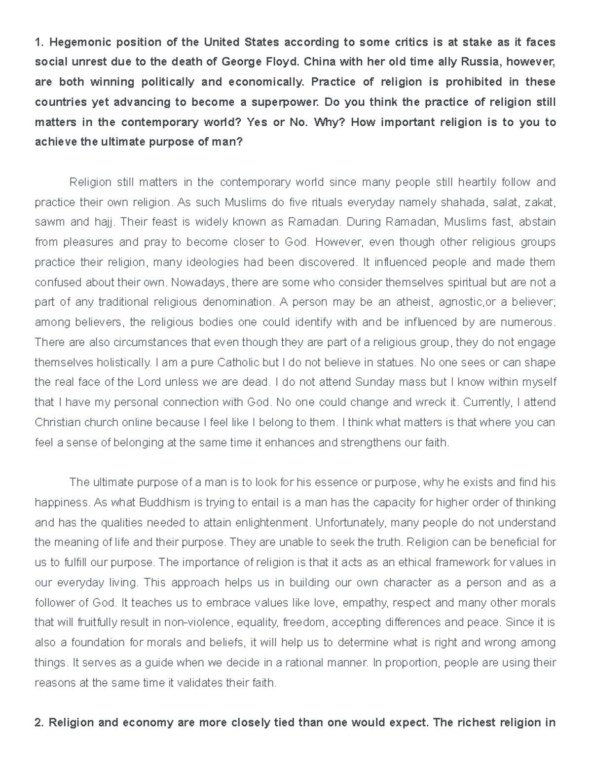 Religion AND Economy Essay - 1. Hegemonic position of the United States ...