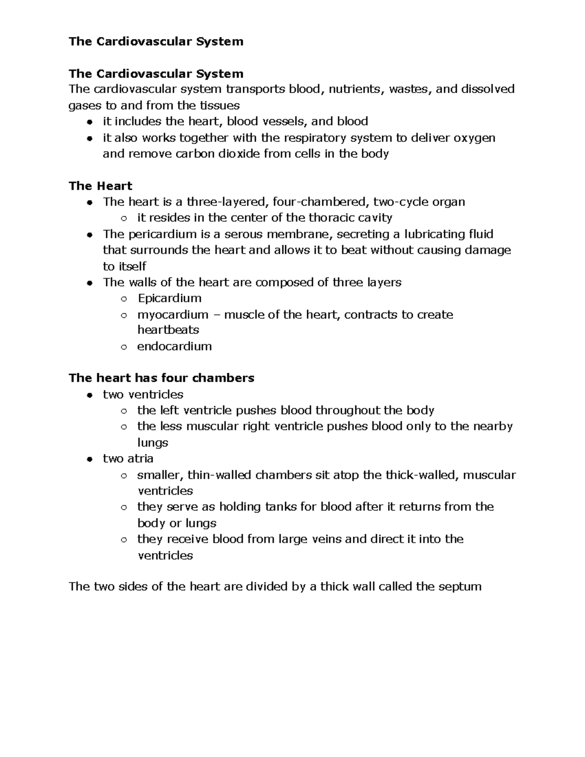 Human Biology BIOL1024 - The Cardiovascular System - The Cardiovascular ...