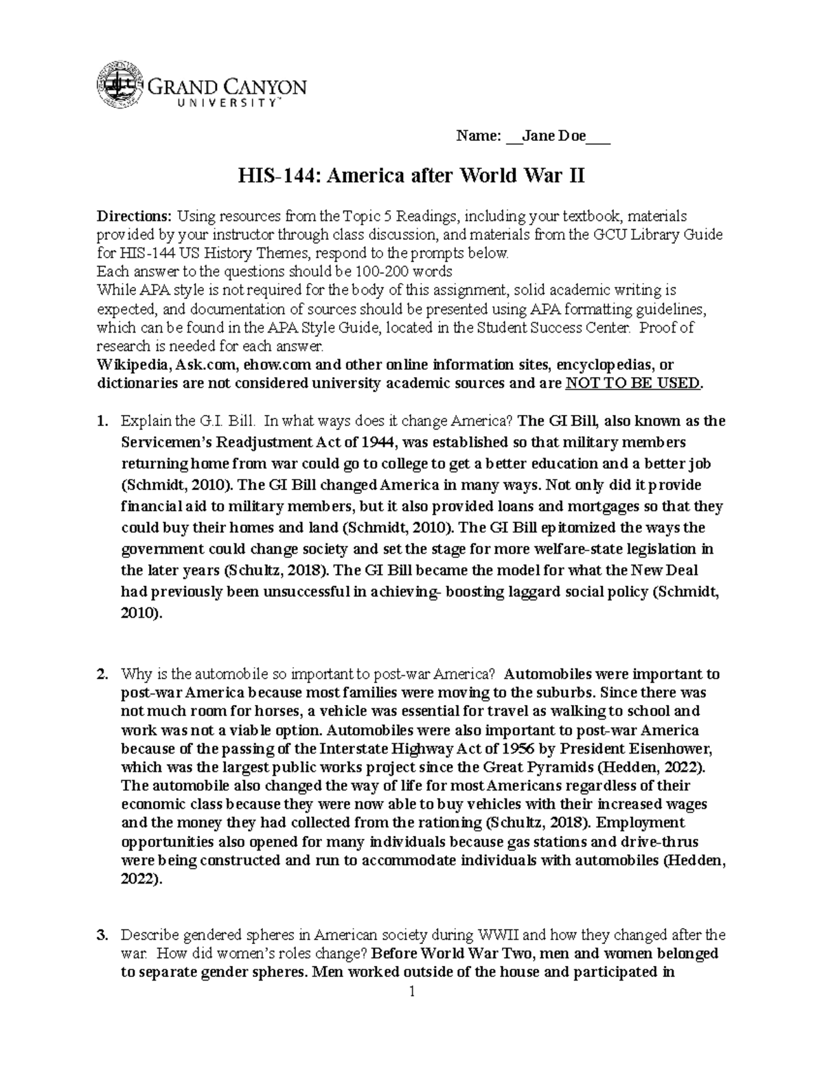 America after WW2 - Completed Assignment, got a 100. - Name: Jane Doe ...