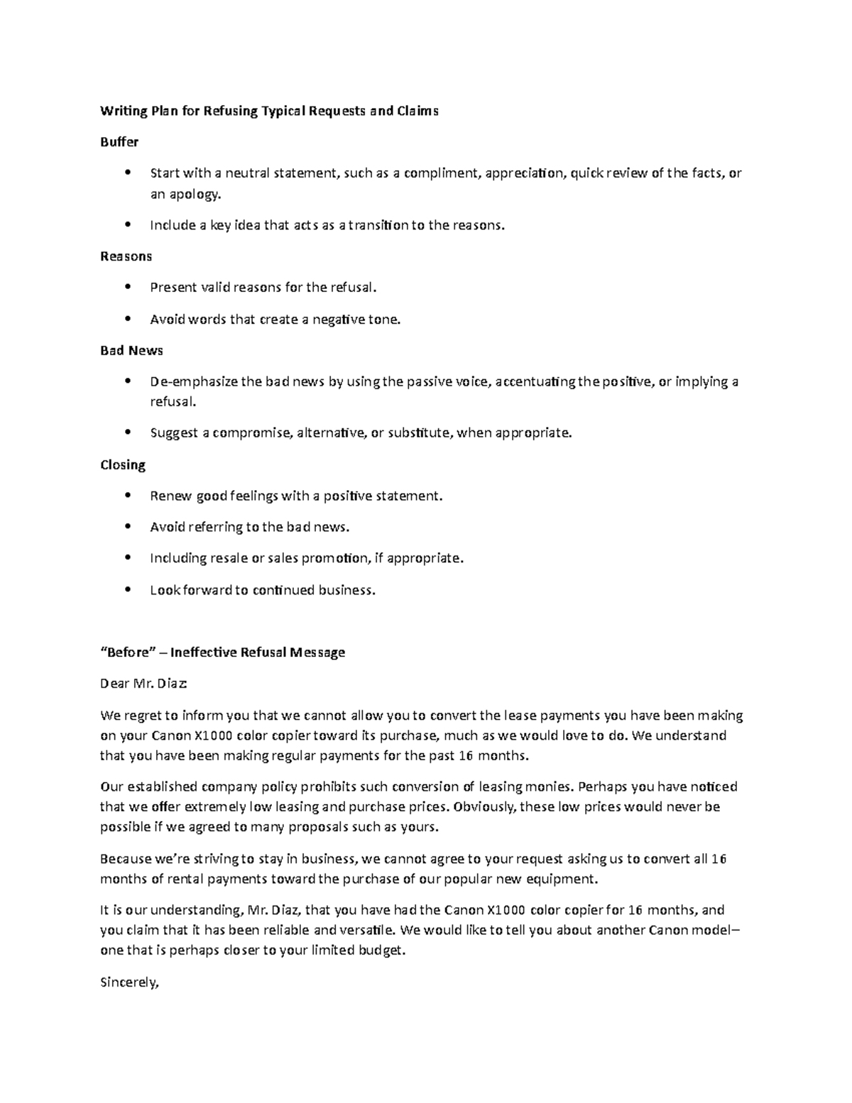 Lecture Notes 7 - Writing Plan for Refusing Typical Requests and Claims ...
