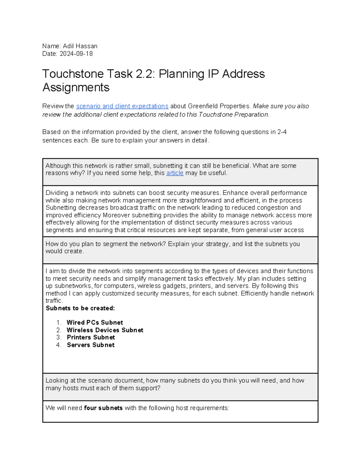 Touchstone Task 2.2 Planning IP Address Assignments Questions - Name ... Touchstone Task 2.2 Planning IP Address Assignments Questions - Name ...