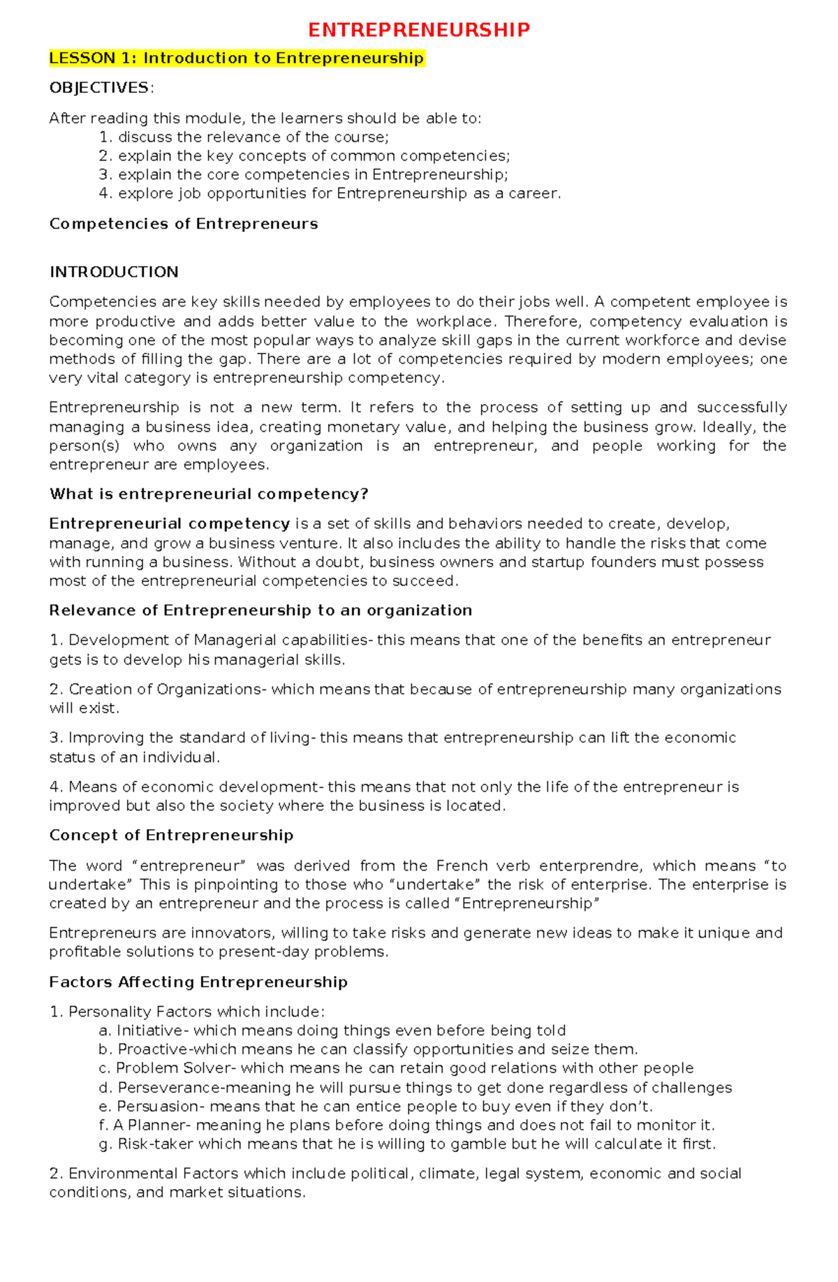 Lesson 1 Q3 - Academic notes - ENTREPRENEURSHIP LESSON 1: Introduction ...