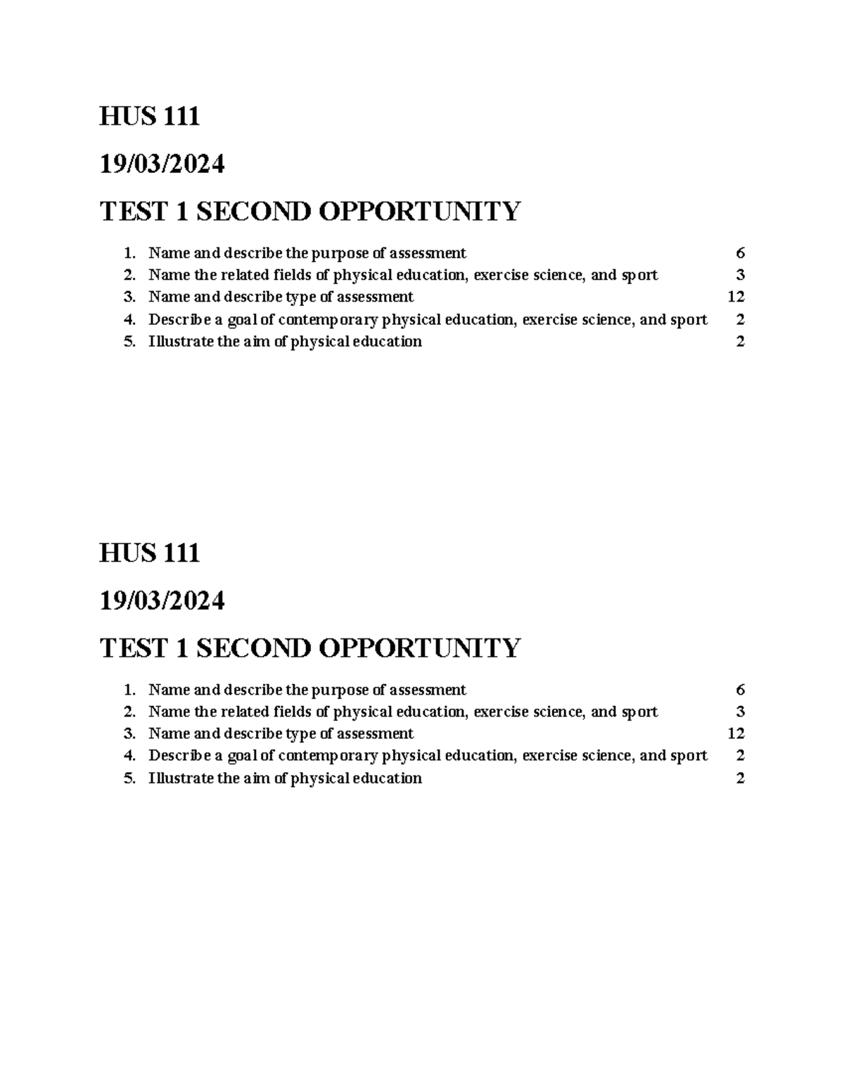HUS 111 TEST 1 Second Opportunity - TEST 1 SECOND OPPORTUNITY HUS 19/03 ...