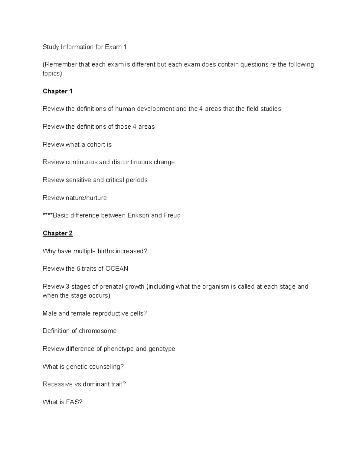 Study Information for Exam 1 - Studocu