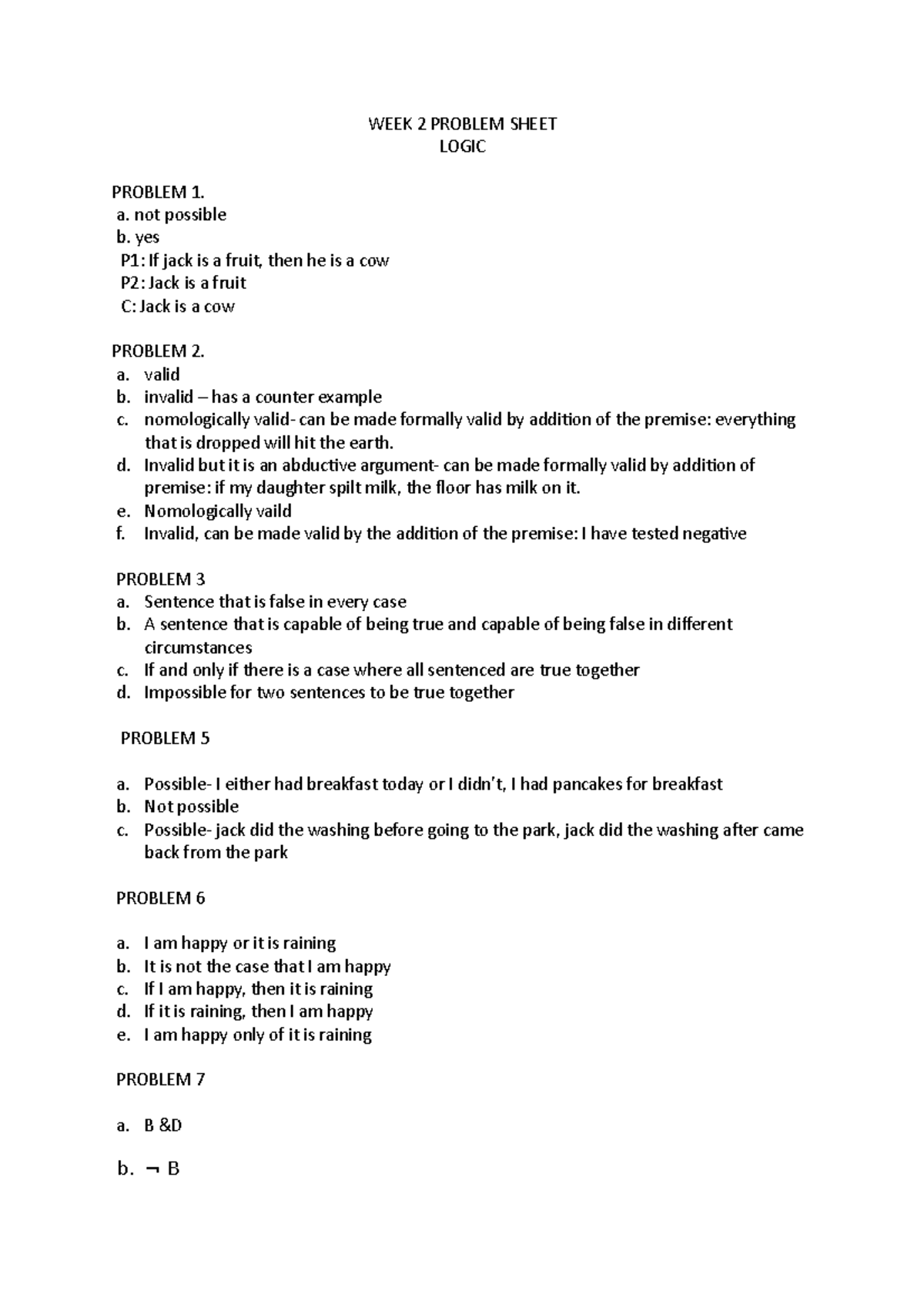 WEEK 2 Problem Sheet WEEK 2 PROBLEM SHEET LOGIC PROBLEM 1 A Not
