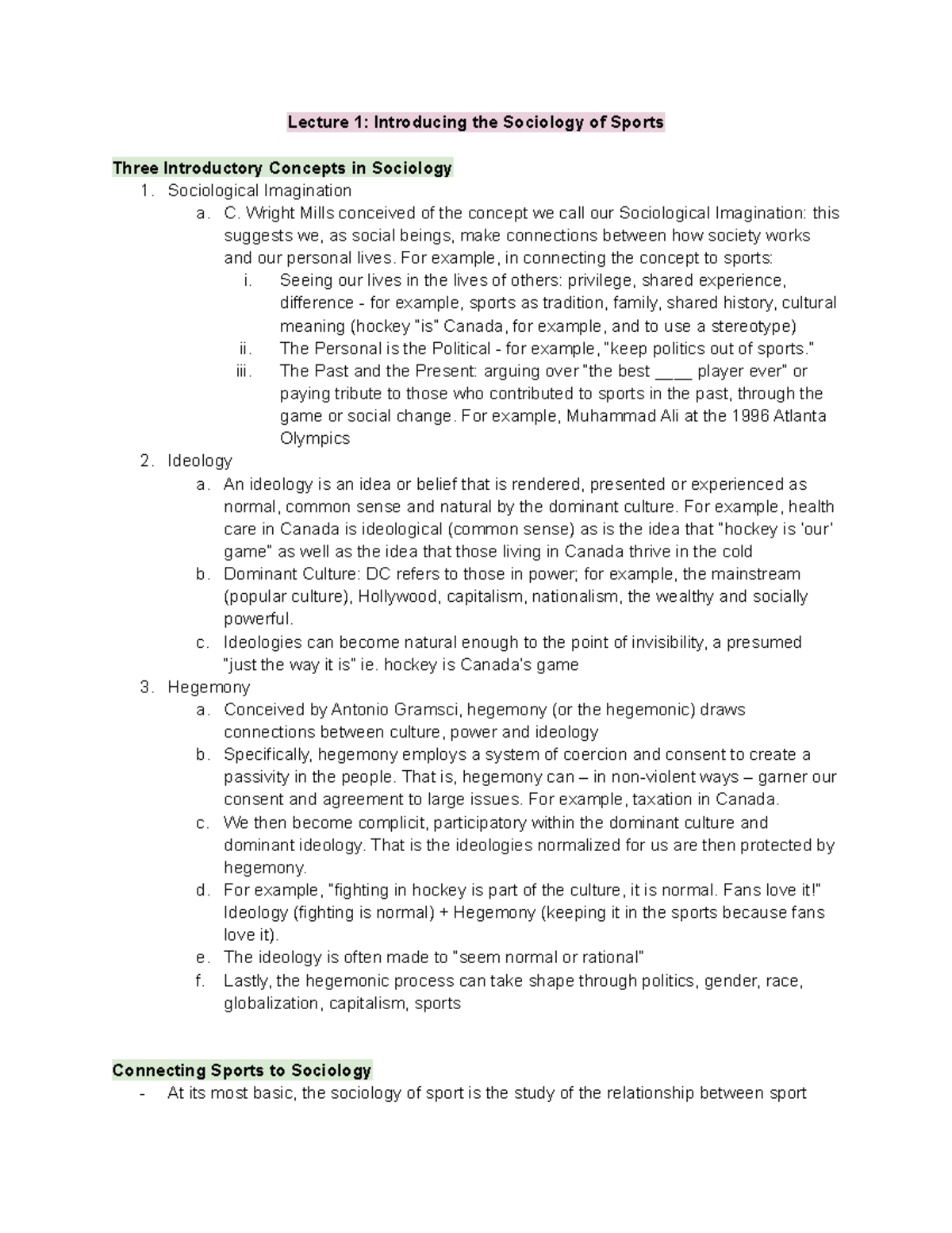SOC505 - Notes - Final - Lecture 1: Introducing the Sociology of Sports ...