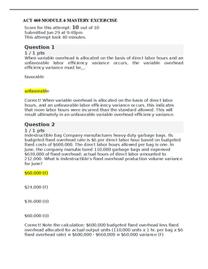 ACT 460 Module 7 Mastery Exercise - ACT460 MODULE 7 MASTERY EXERCISE QUIZ Score for this attempt ...