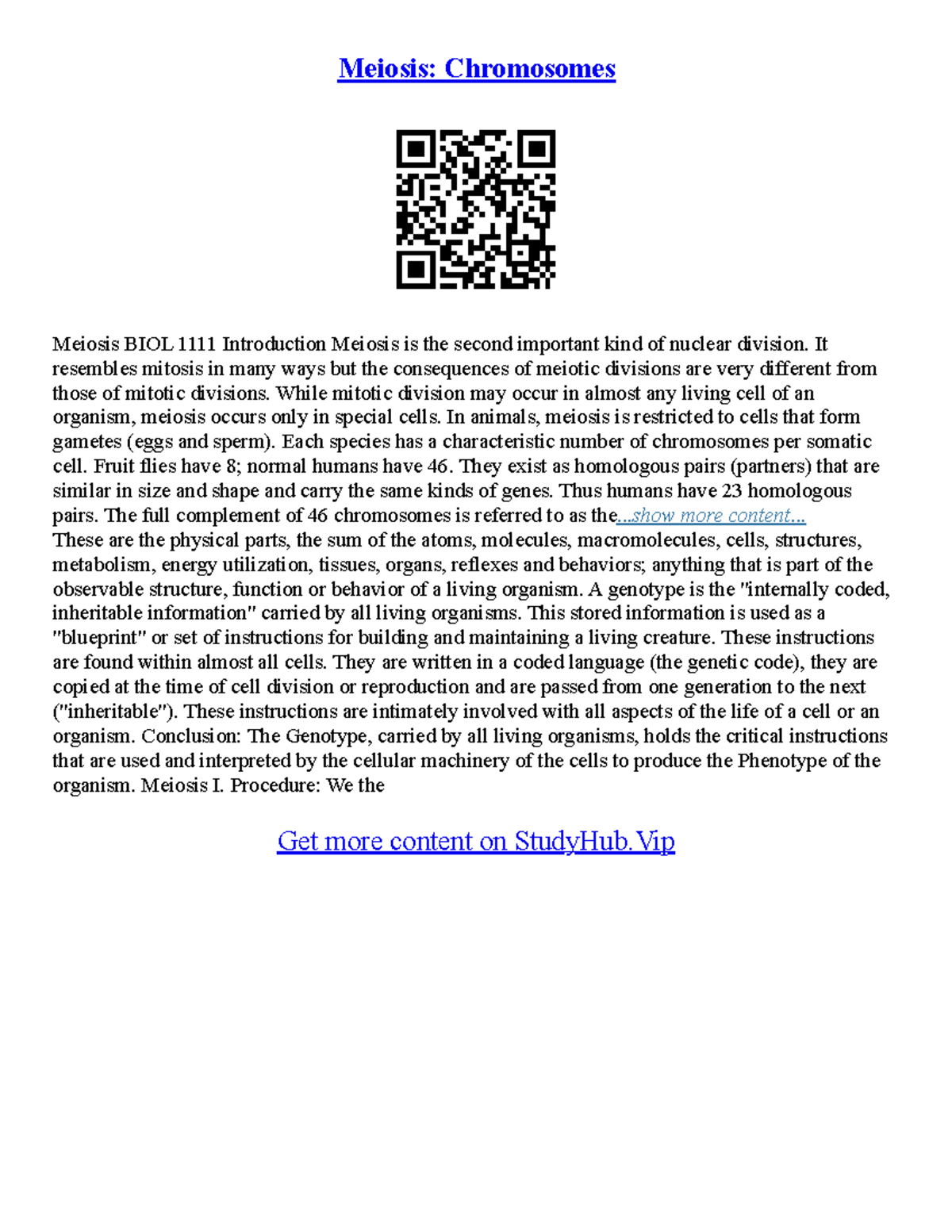 Meiosis Essay Meiosis Essay - Meiosis: Chromosomes Meiosis BIOL 1111 ...