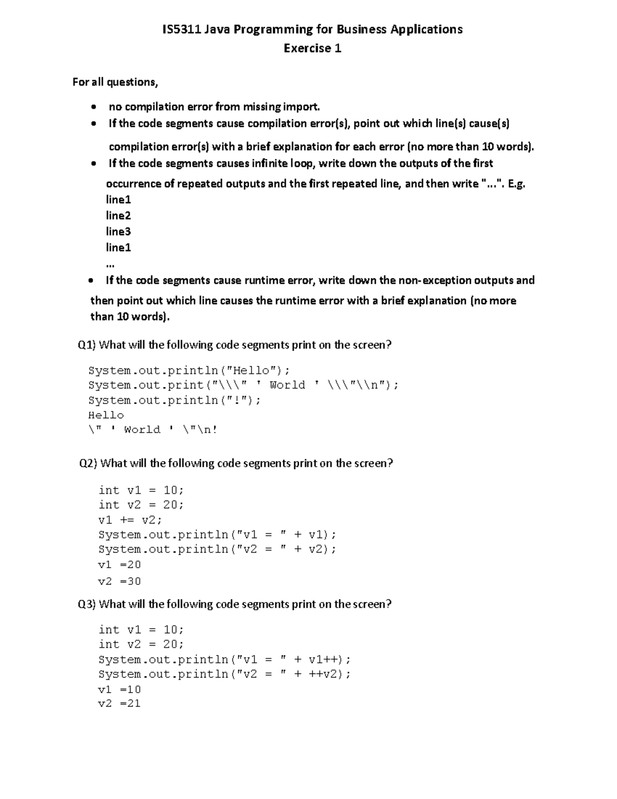 （备份）Exercises 1 basic java knowledge practice - IS5311 Java Programming ...