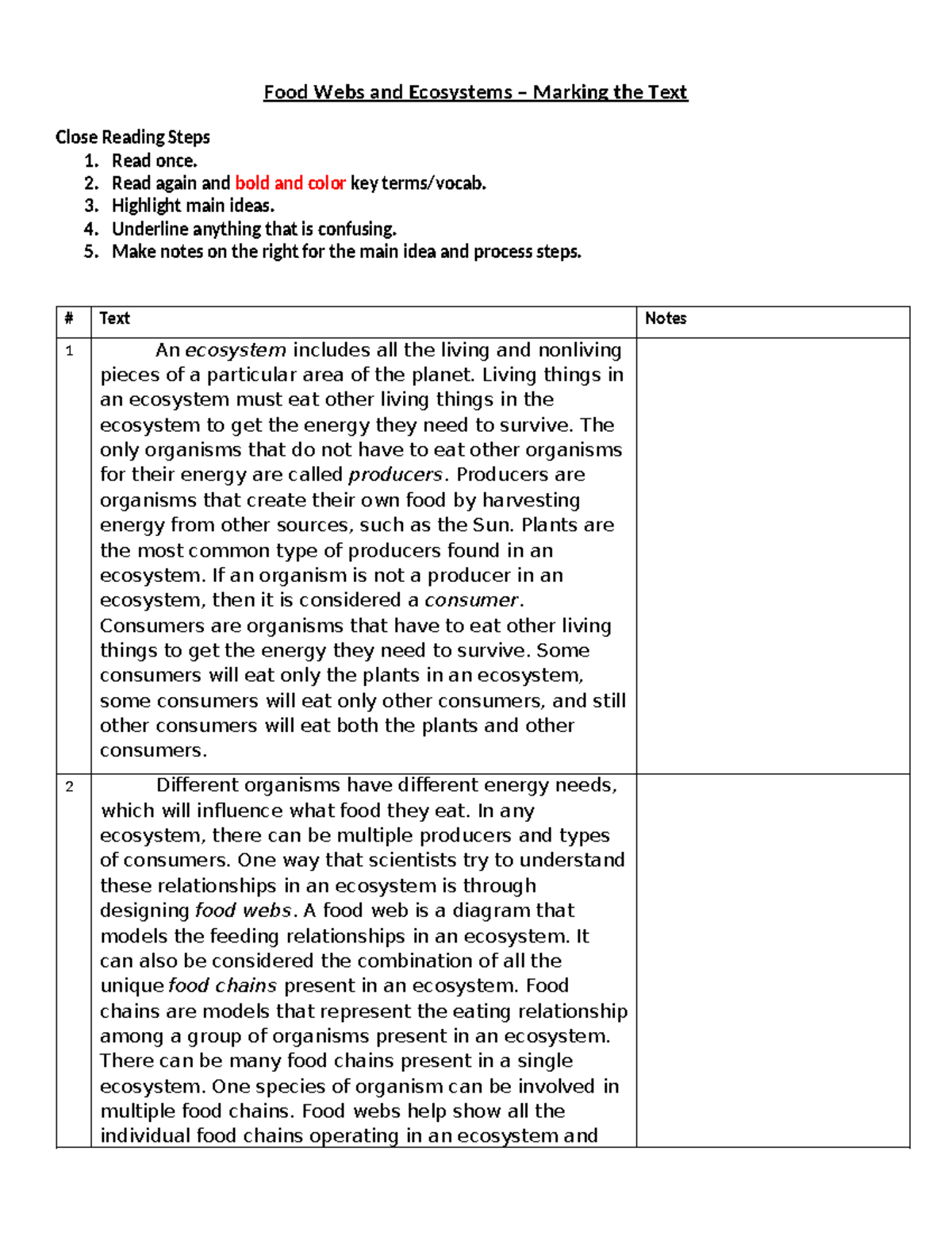 Food Webs and Ecosystems Marking the Text - Food Webs and Ecosystems ...