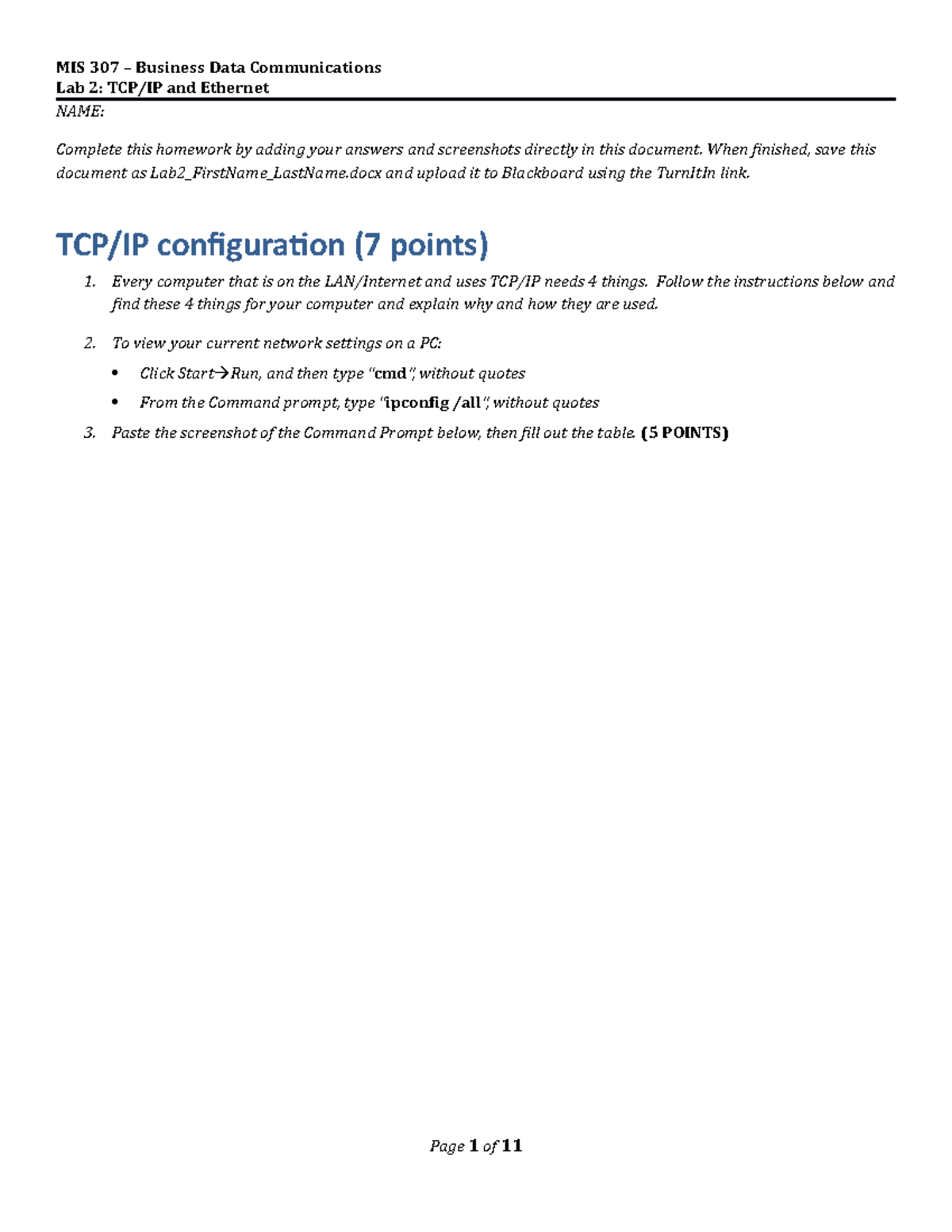 Lab 2 Tcp Ip And Ethernet Lab 2 Tcpip And Ethernet Name Complete This Homework By Adding