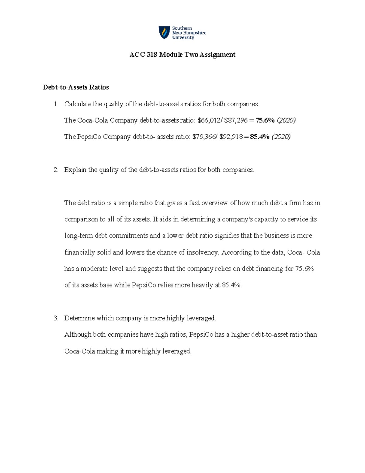 ACC 318 Module Two Assignment Foster - ACC 318 Module Two Assignment Debt-to-Assets Ratios ...