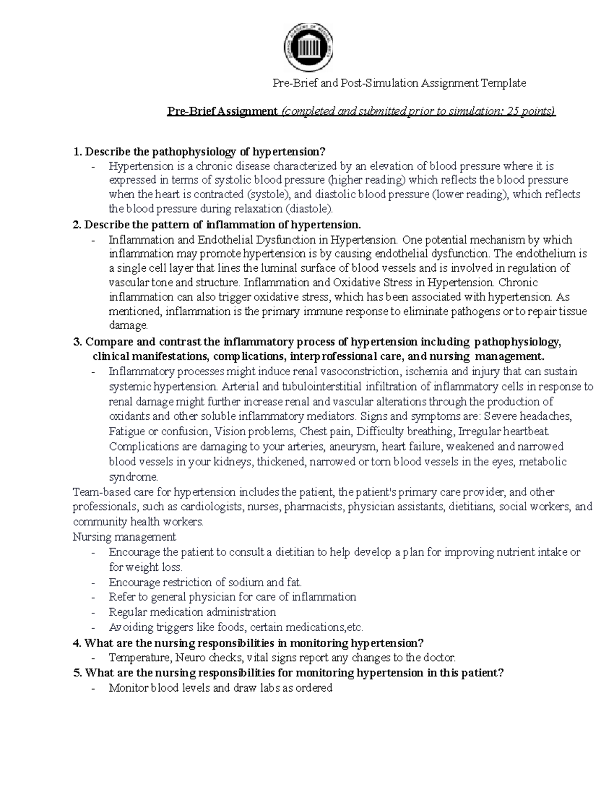 PRE SIM POST SIM Assignment HTN - Pre-Brief and Post-Simulation ...