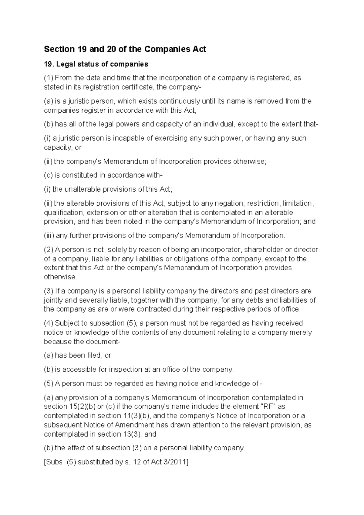 Section 19 and 20 of the Companies Act - Section 19 and 20 of the ...