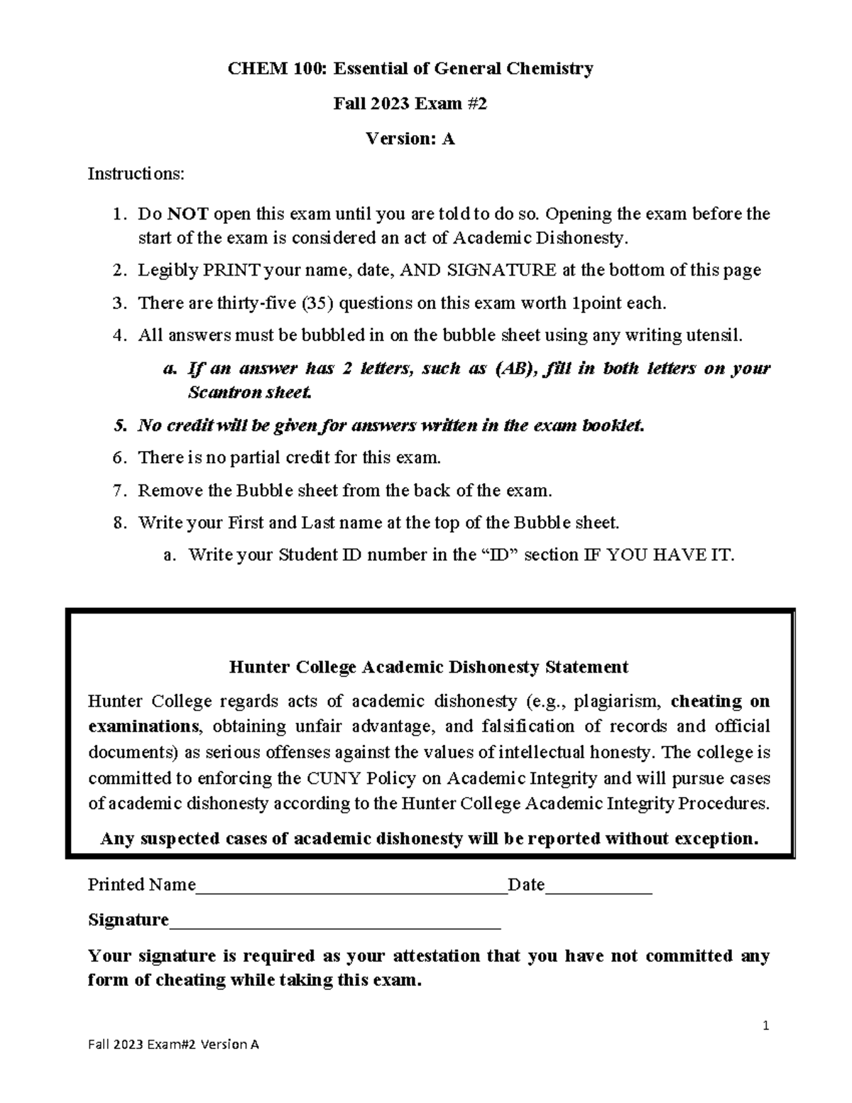 Exam 2 Version A - Practice Exam! - 1 CHEM 100: Essential of General ...