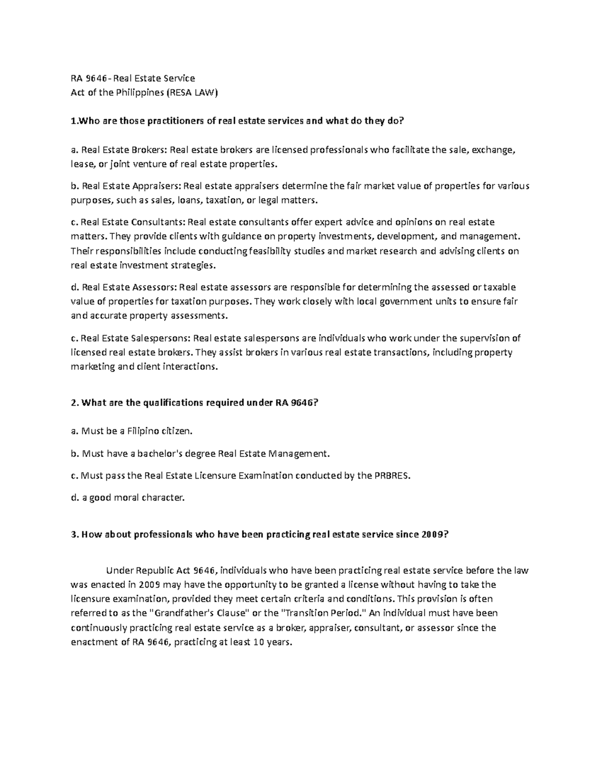 Ps 104 - REAL ESTATE - RA 9646- Real Estate Service Act of the ...