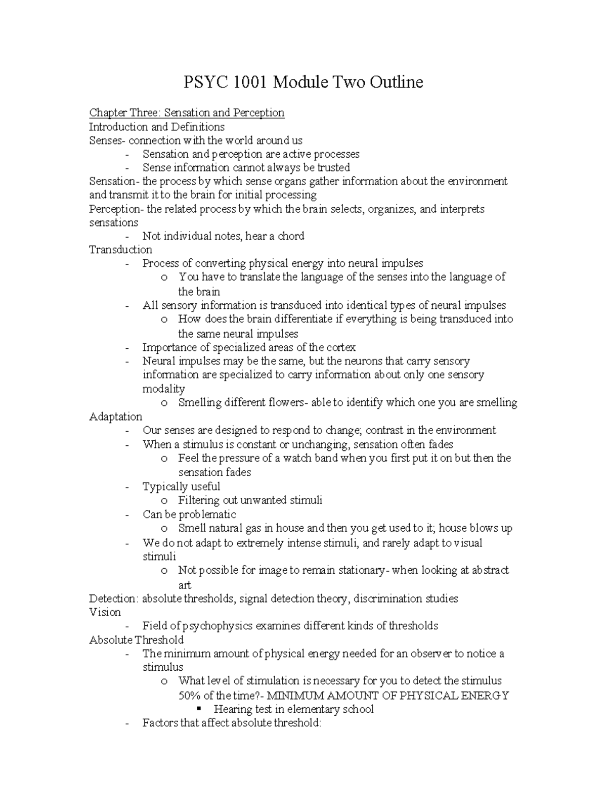 1001 Module Two Outline - PSYC 1001 Module Two Outline Chapter Three: Sensation and Perception ...