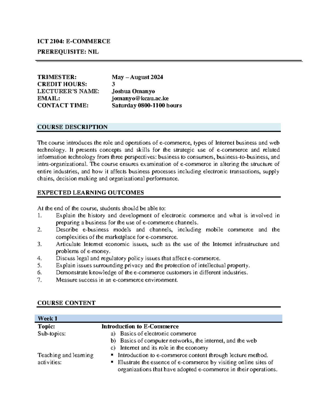 ICT 2104 E- Commerce MAY - August 2024 Course Outline - ICT 2104: E ...