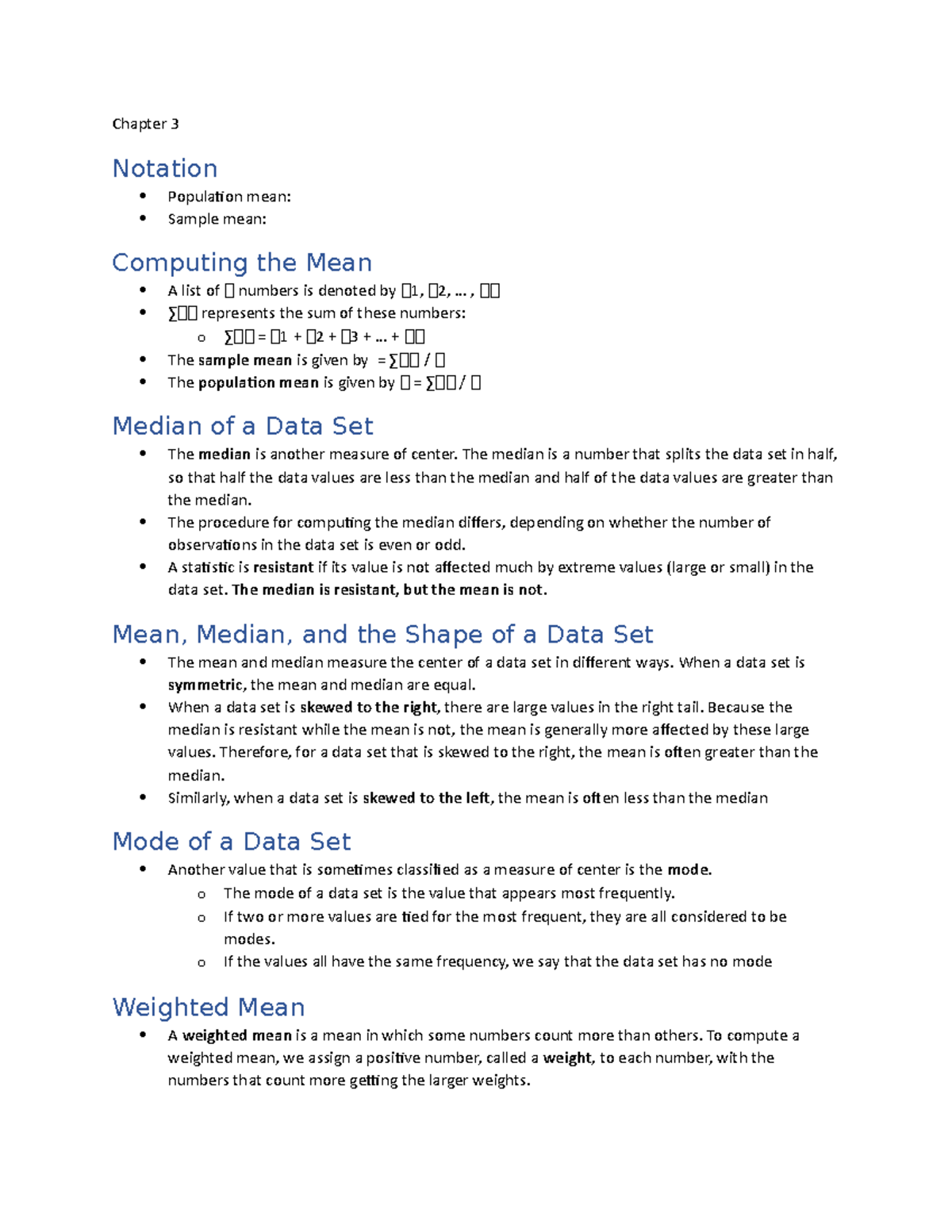 MATH 3379 Chapter 3 - Chapter 3 Notation Population mean: Sample mean ...