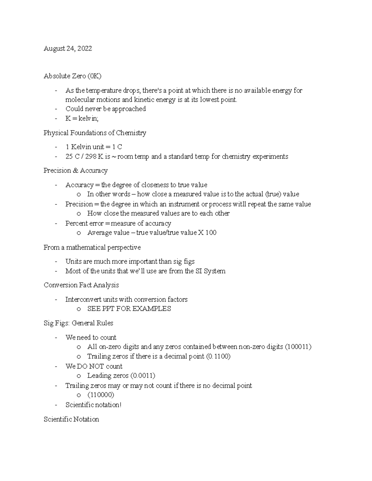Chem 105 lecture notes - August 24, 2022 Absolute Zero (0K) - As the ...