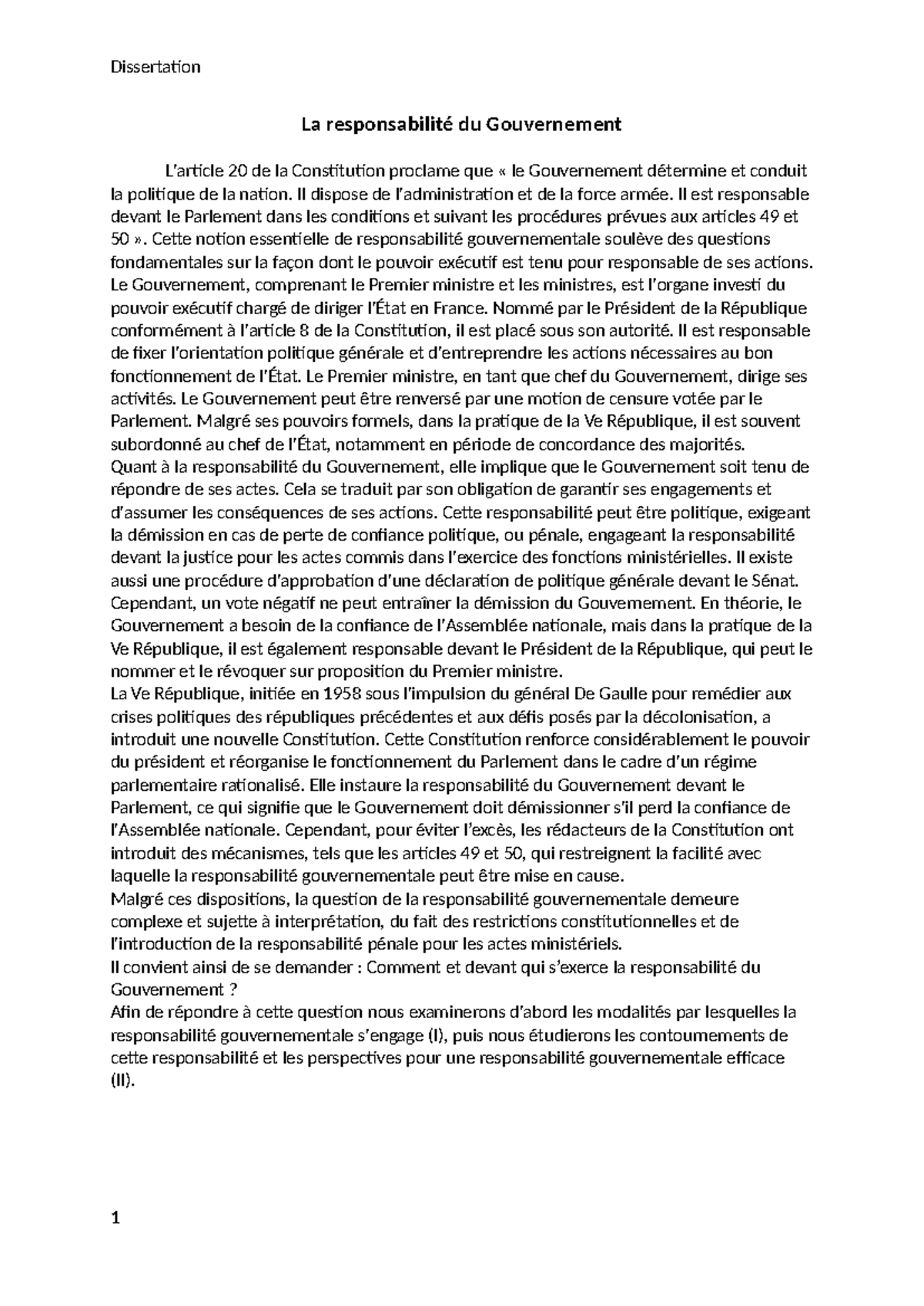 Dissertation gouvernement - La responsabilité du Gouvernement L'article ...