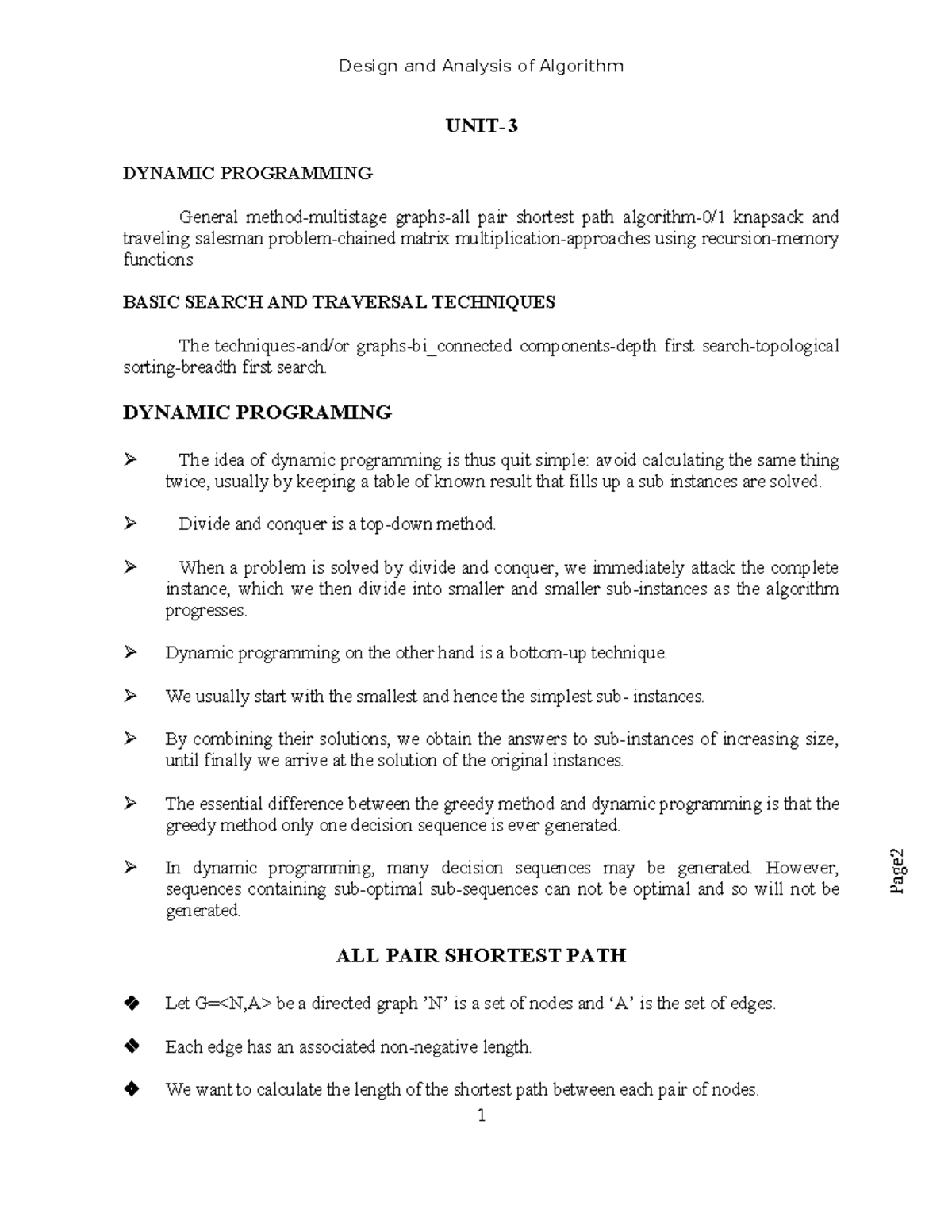Design and analysis - Page UNIT- DYNAMIC PROGRAMMING General method ...