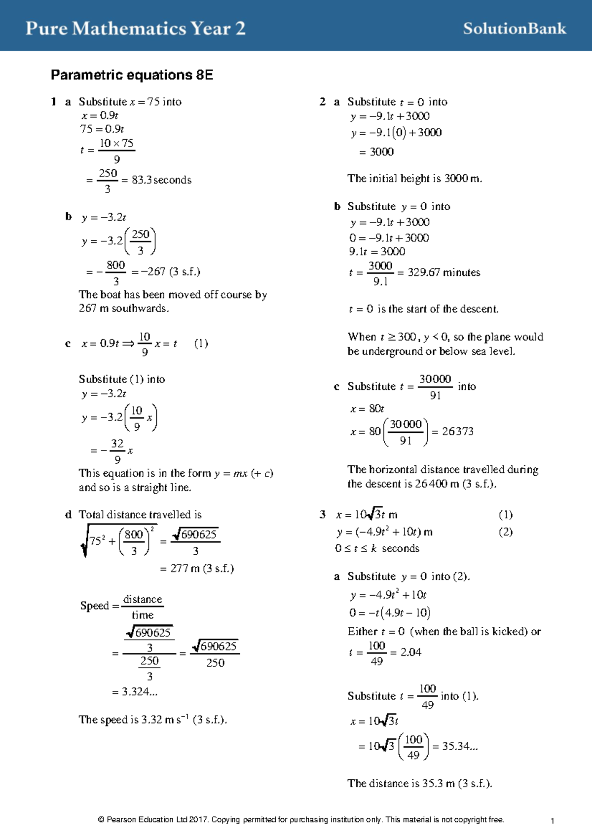 Ex8e - Ex 8e answers - Parametric equations 8E 1 a Substitute x = 75 into x 0 75 0 10 75 9 t ...