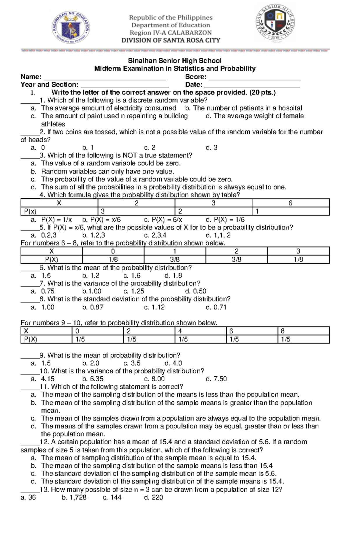 Pdfcoffee - MIDTERM EXAMINATION - Sinalhan Senior High School Midterm Examination in Statistics ...