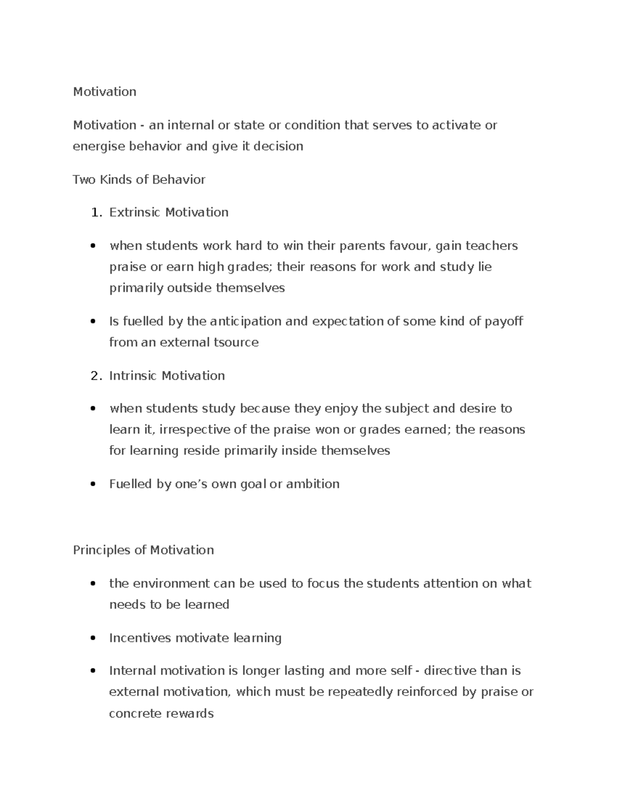 Motivation - Lecture notes 1 - Motivation Motivation an internal or ...