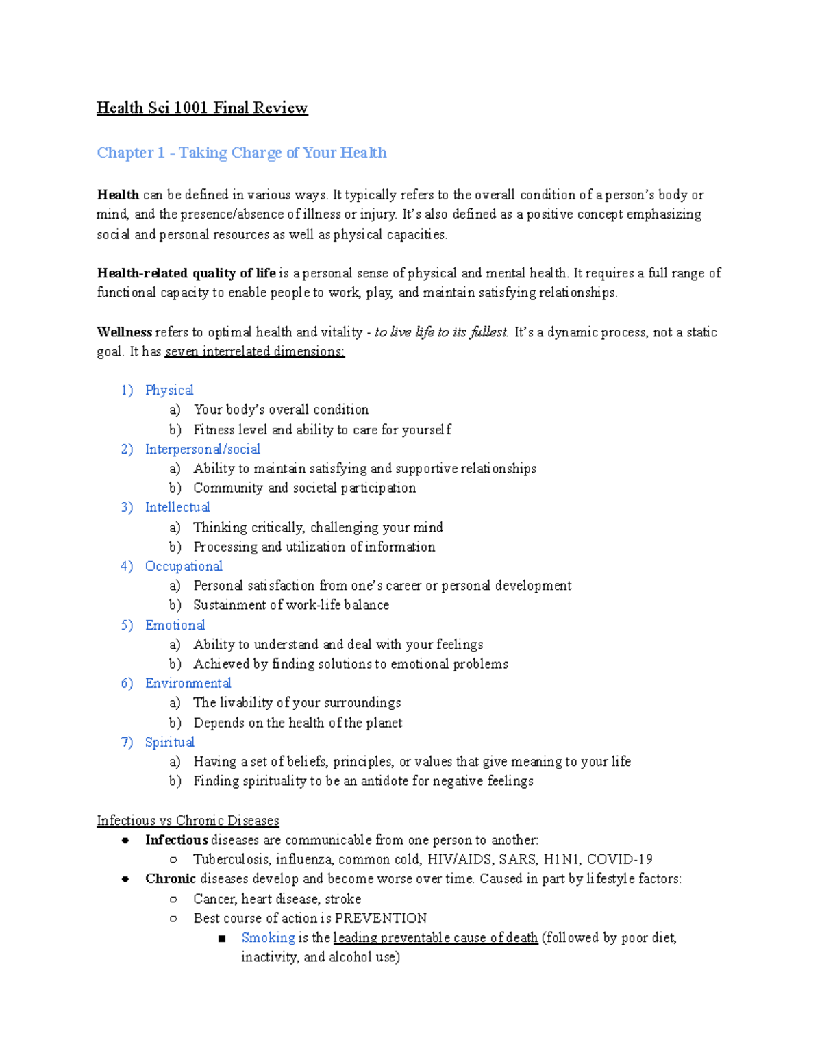 Health Sci 1001 Final Review - Health Sci 1001 Final Review Chapter 1 ...