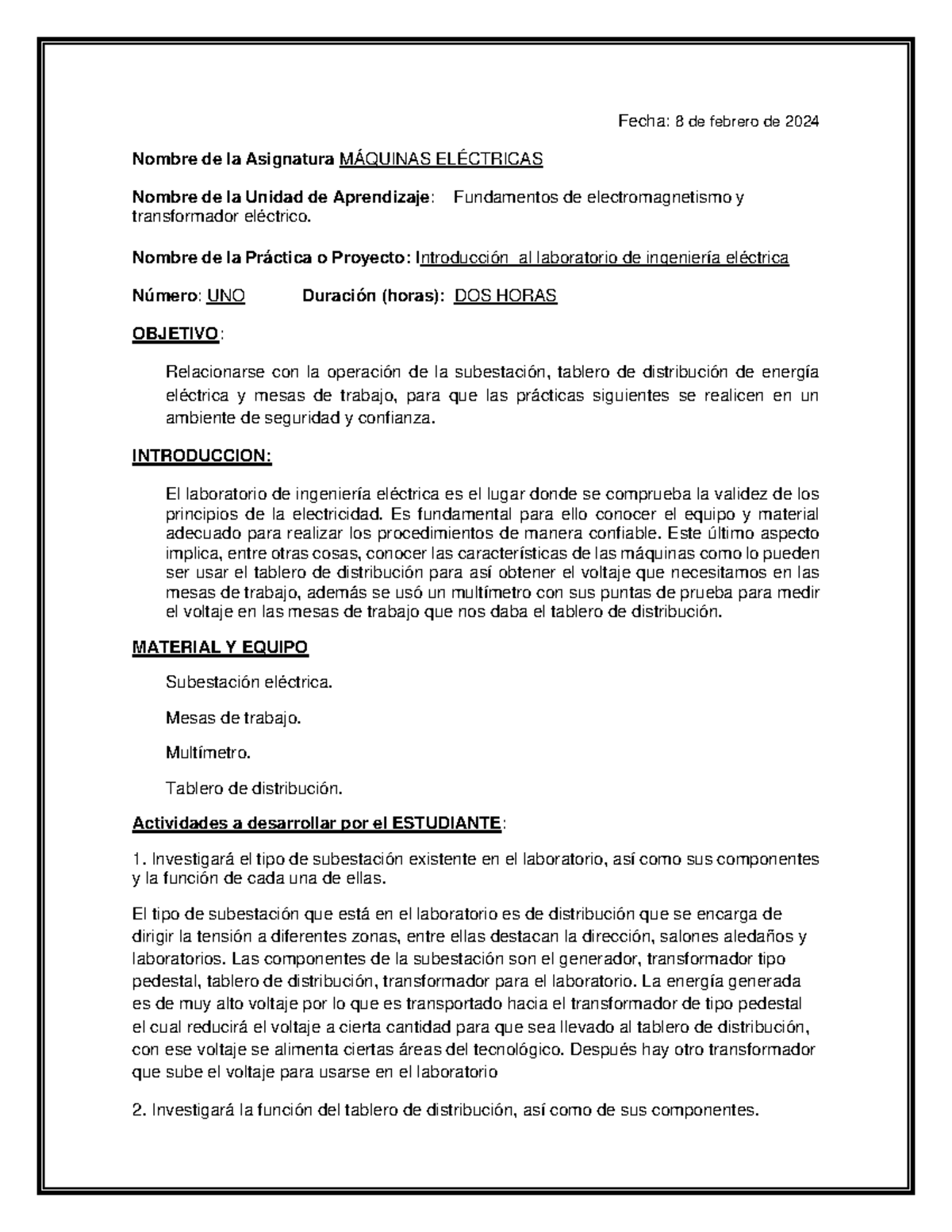 MÃ Quinas ELÃ Ctricas PRÃ Ctica 1 - Fecha: 8 de febrero de 2024 Nombre de la Asignatura MÁQUINAS ...