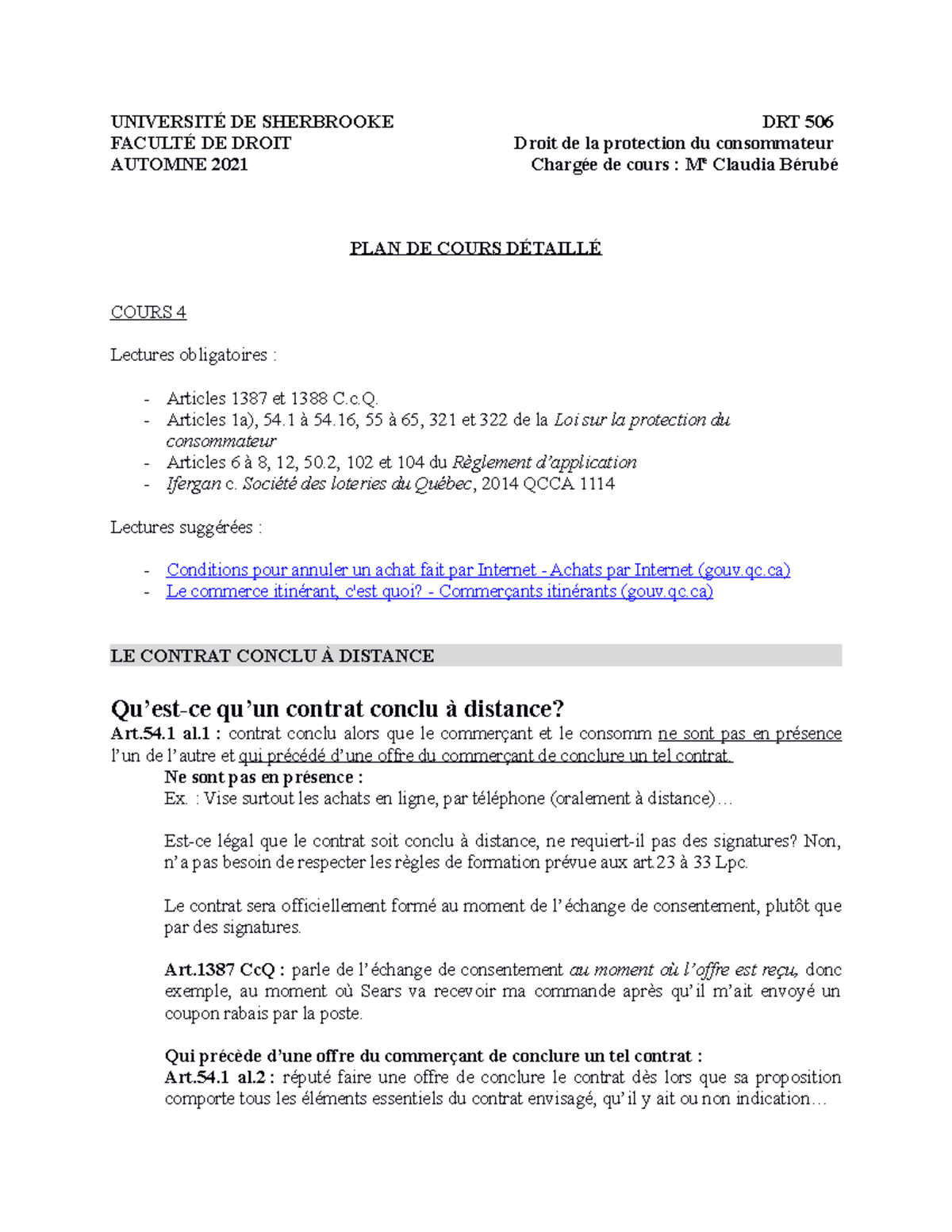 Notes - Cours 4: le contrat conclu à distance et le commerçant ...