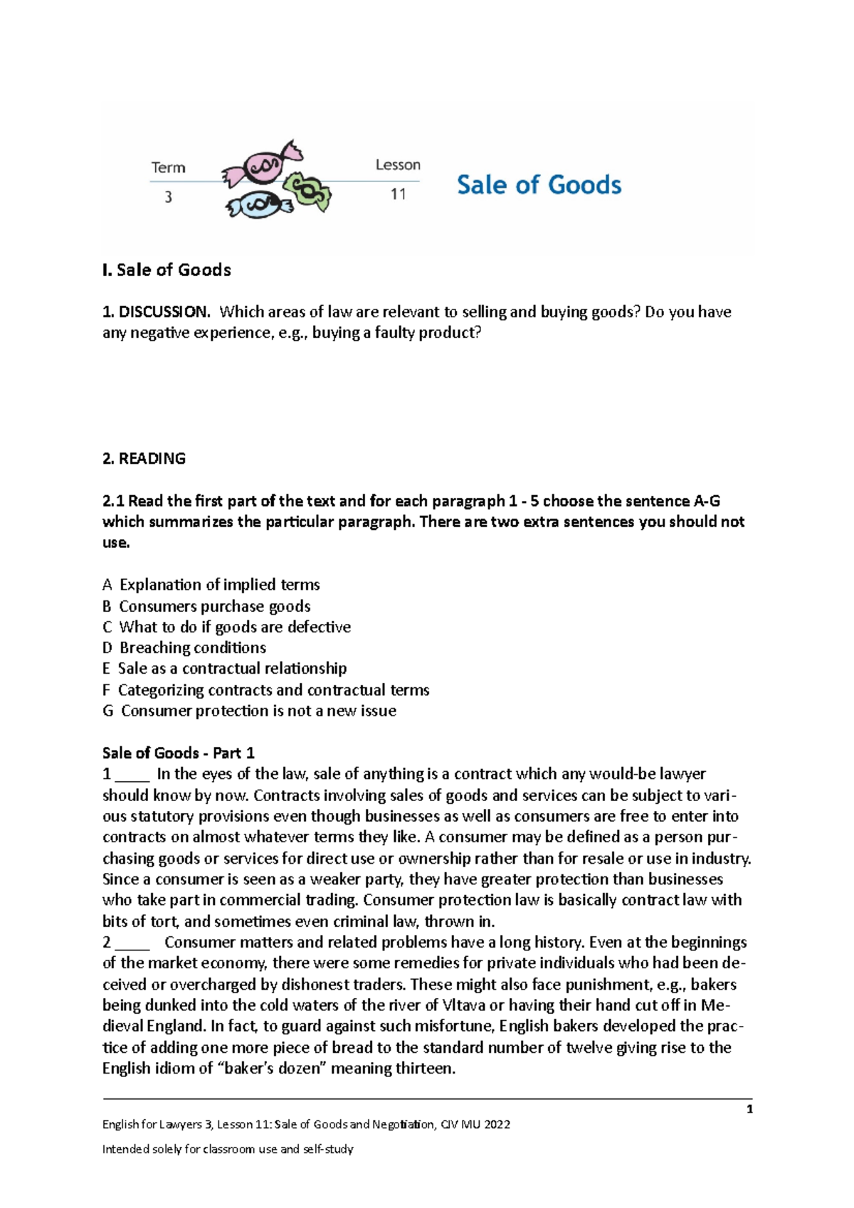 Lesson 11 Sale of Goods and Negotiation - I. Sale of Goods DISCUSSION ...