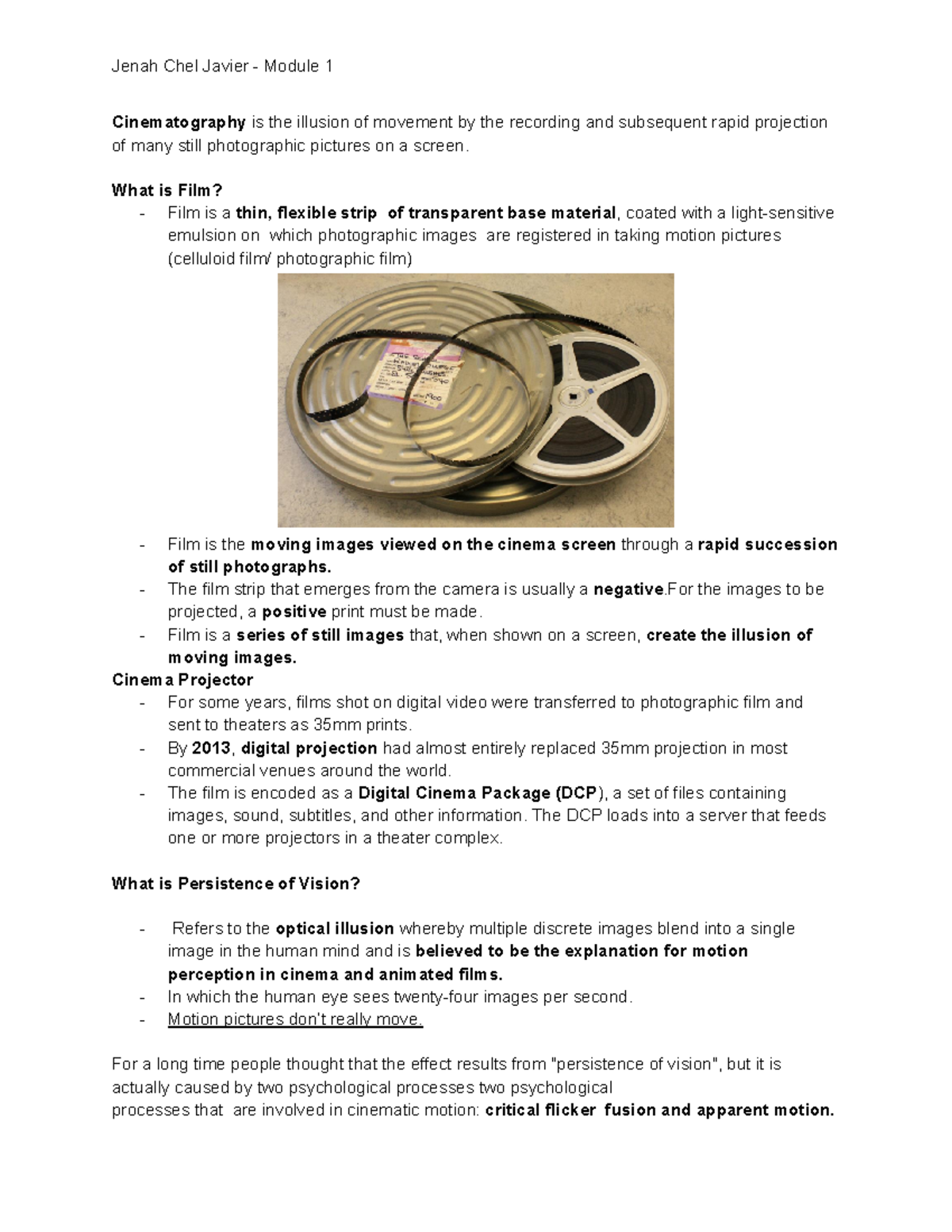 Intro-to-film - reviewer - Cinematography is the illusion of movement ...