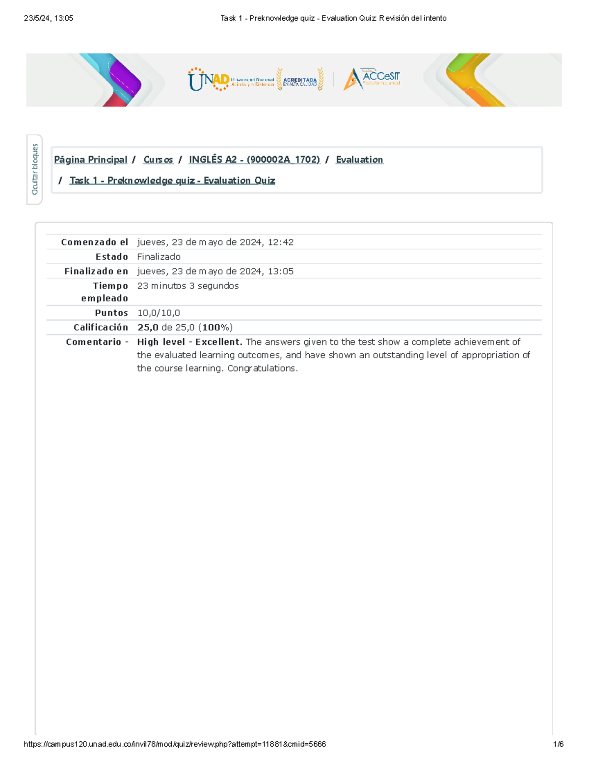 Task 1 - Preknowledge quiz - Evaluation Quiz - Comenzado el jueves, 23 de mayo de 2024, 12 ...