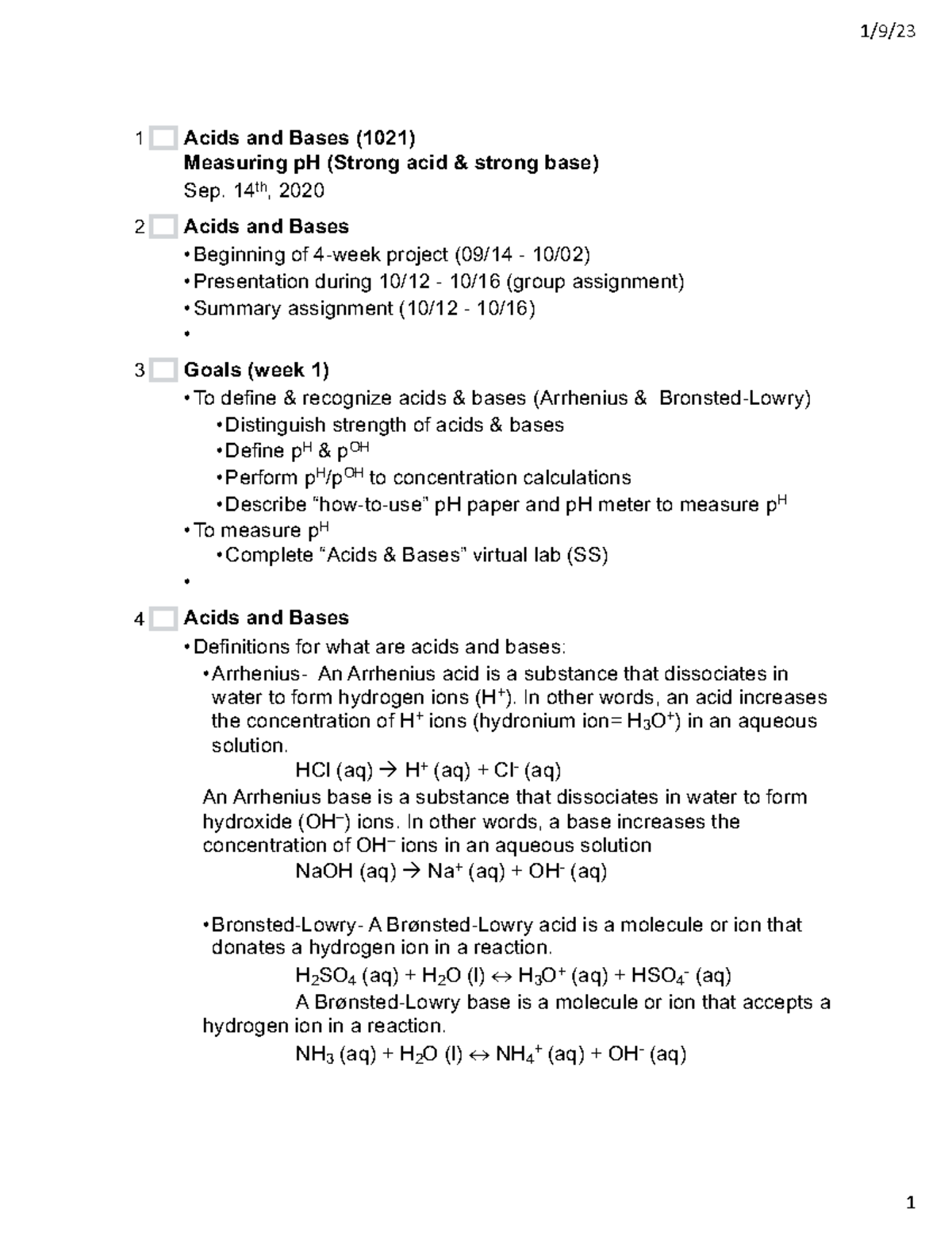 General Chemistry Acid base 1-1 - 1/9/ 1 Acids and Bases (1021 ...