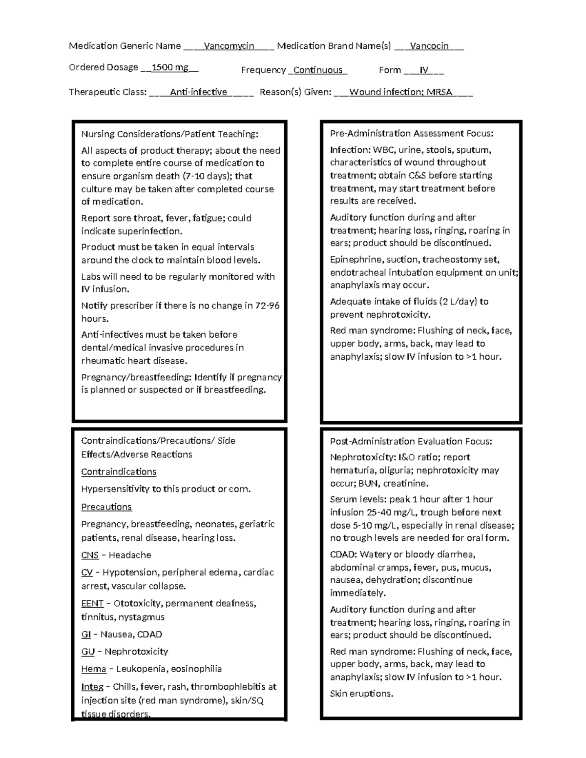 Vancomycin - Drug cards - Nursing Considerations/Patient Teaching: All ...
