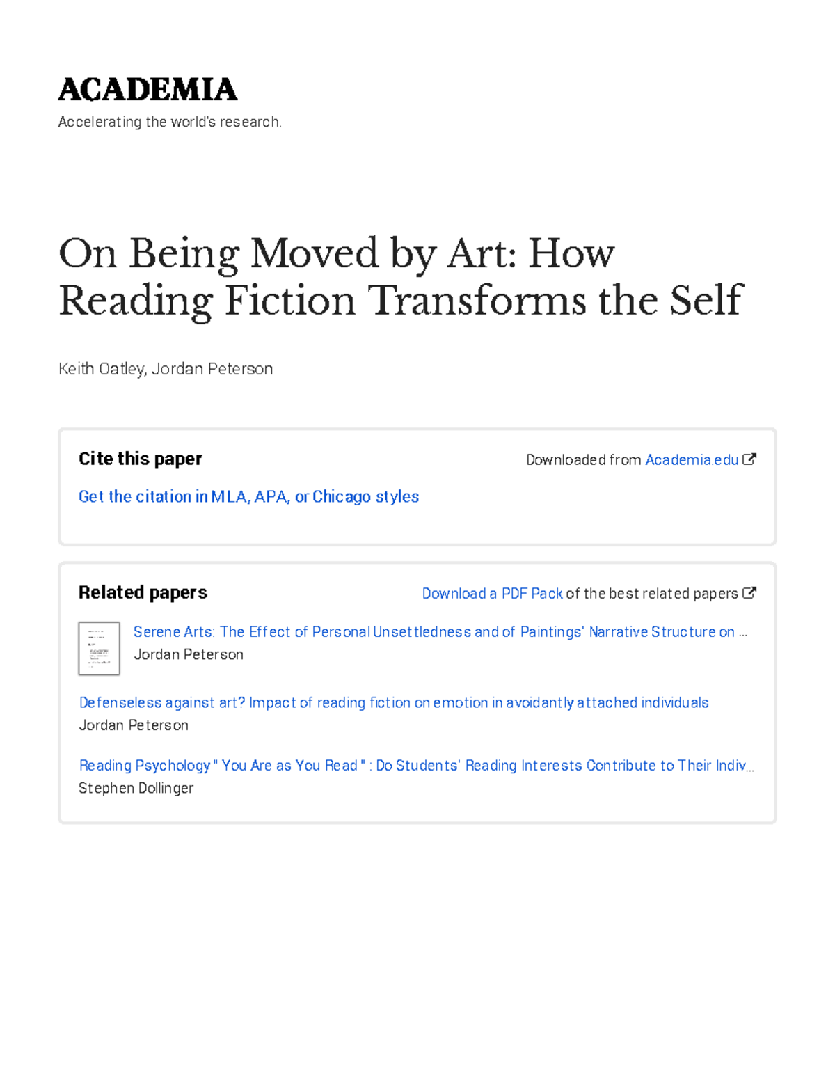 Maja Djikic, Keith Oatley, Sara Zoeterman, and Jordan B. Peterson ...