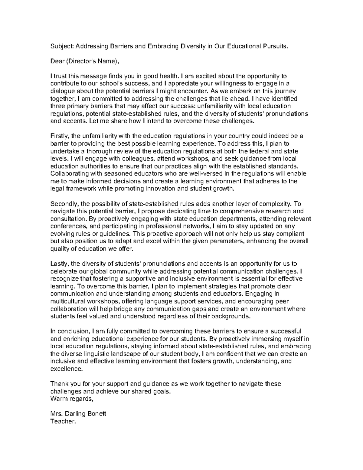 Letter- Addressing Barriers - Subject: Addressing Barriers and ...