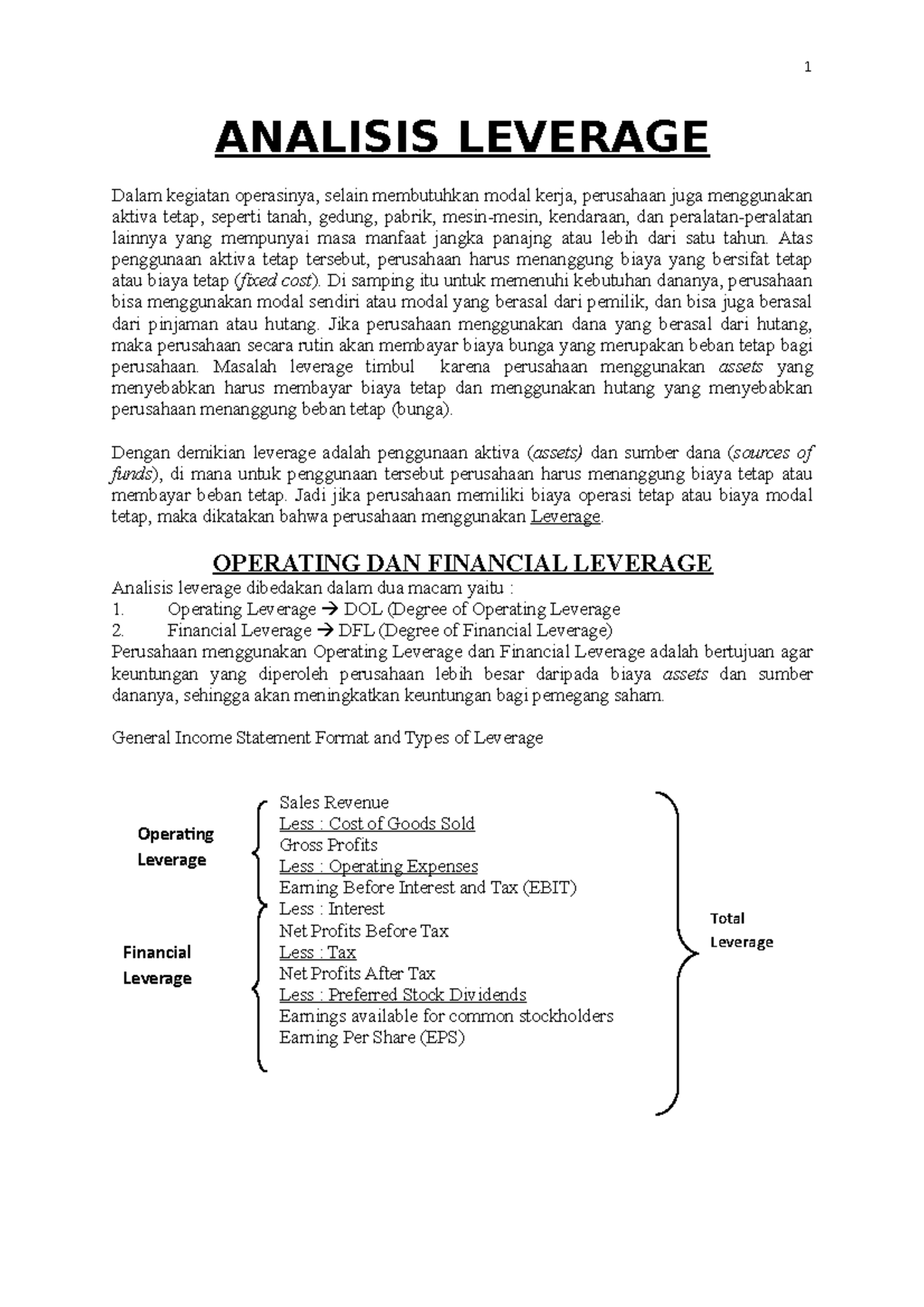 Analisis Leverage Leverage Analysis - ANALISIS LEVERAGE Dalam kegiatan operasinya, selain - Studocu