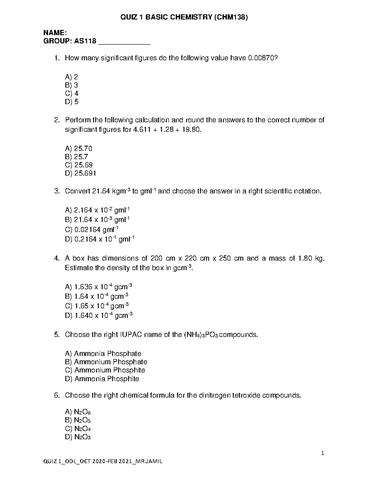 QUIZ 1 Basic Chemistry ODL - 1 QUIZ 1_ODL_OCT 2020-FEB 2021_MR QUIZ 1 ...