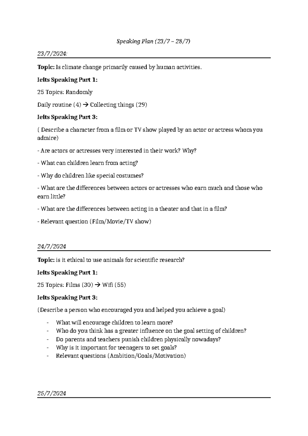 Speaking Plan 1st week - planning - Speaking Plan (23/7 – 28/7) 23/7 ...