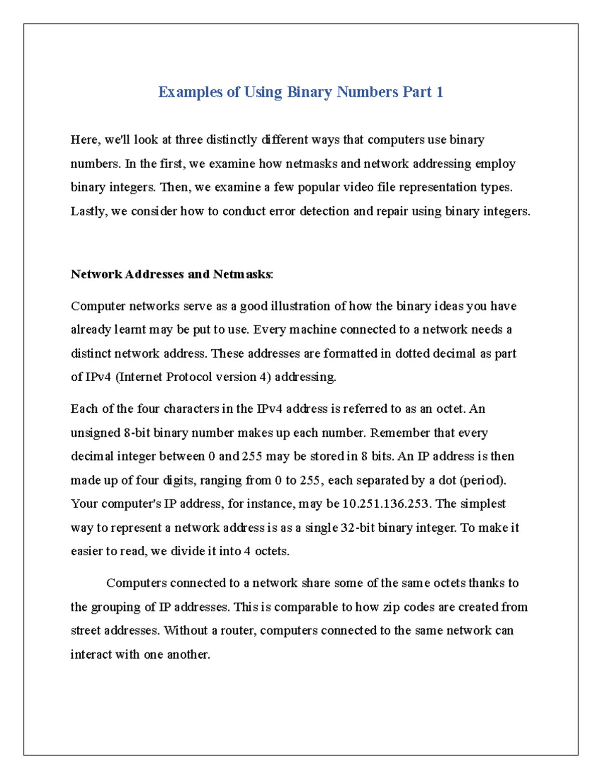 Examples of Using Binary Numbers Part 1 - In the first, we examine how ...