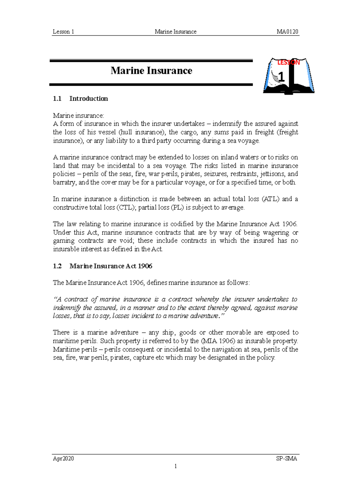 Insurance MST Revision - Apr2020 SP-SMA LESSON 1 Marine Insurance 1 ...